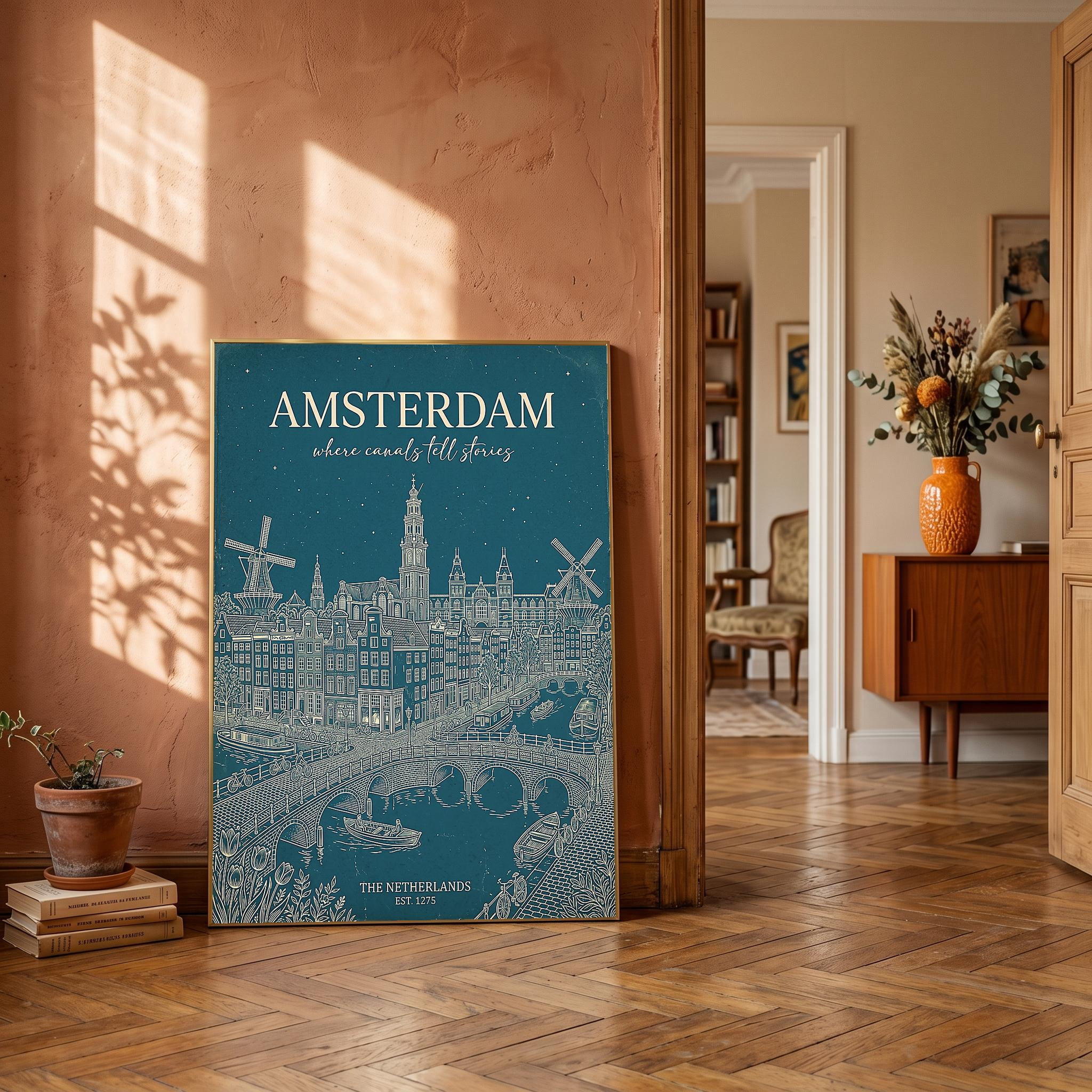 Affixzi Amsterdam Travel Poster, Teal Blue Line Art, Vintage Canal Wall ...