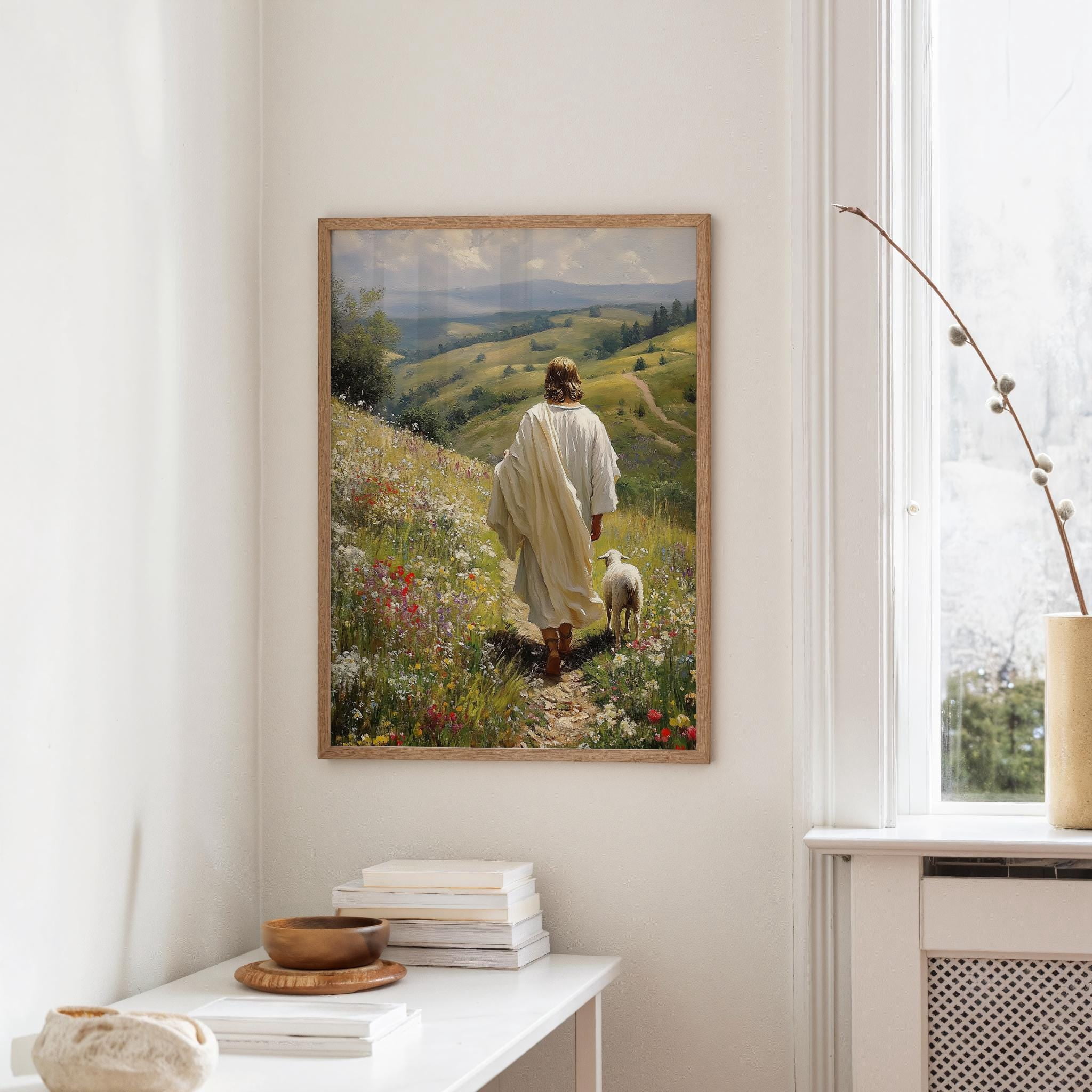 Affixzi Art Print, Cottagecore Wall Decor, Walking Figure with Lamb ...