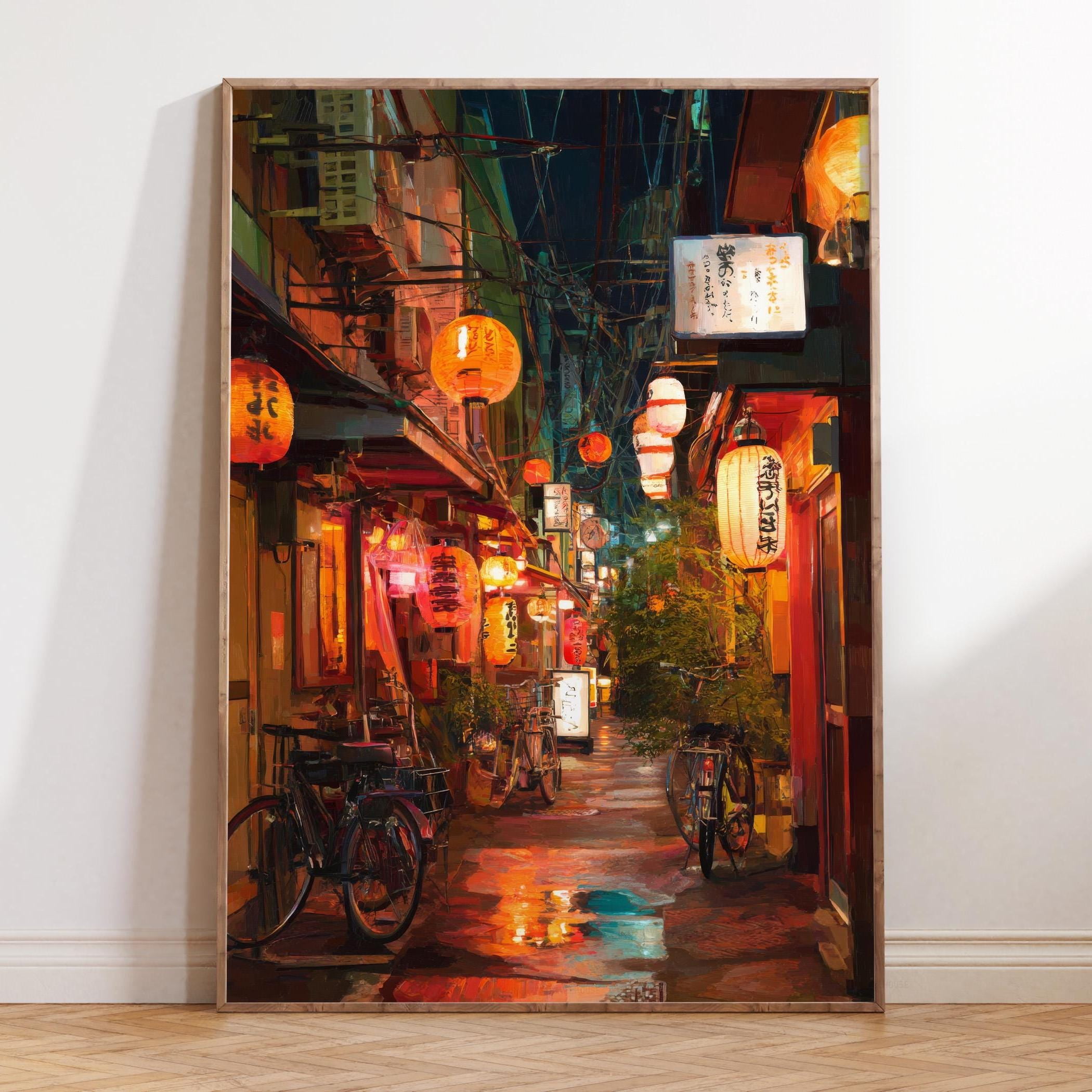Affixzi Asian Cityscape Urban Decor Print, Tokyo Japan Lantern Street ...