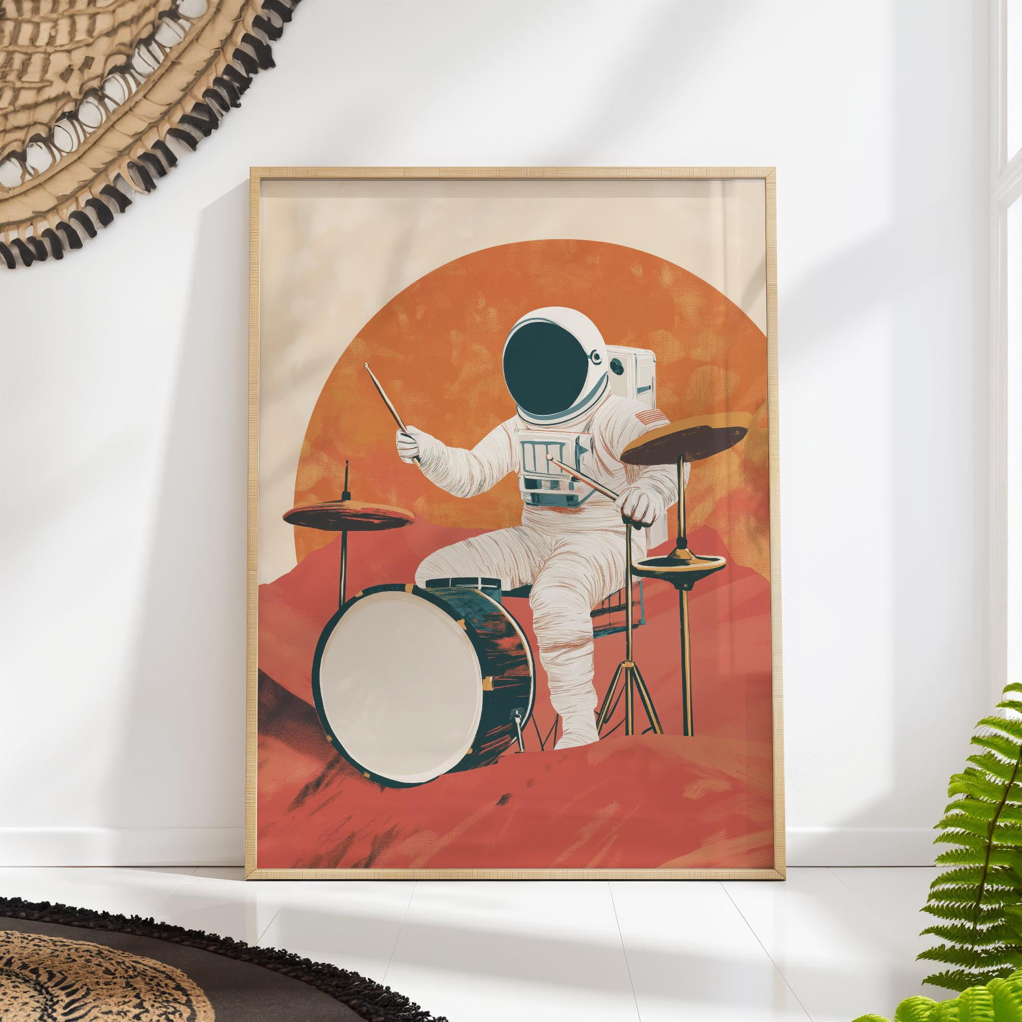 Affixzi Astronaut Drum Art Print - Retro Space Music Poster - Mid ...