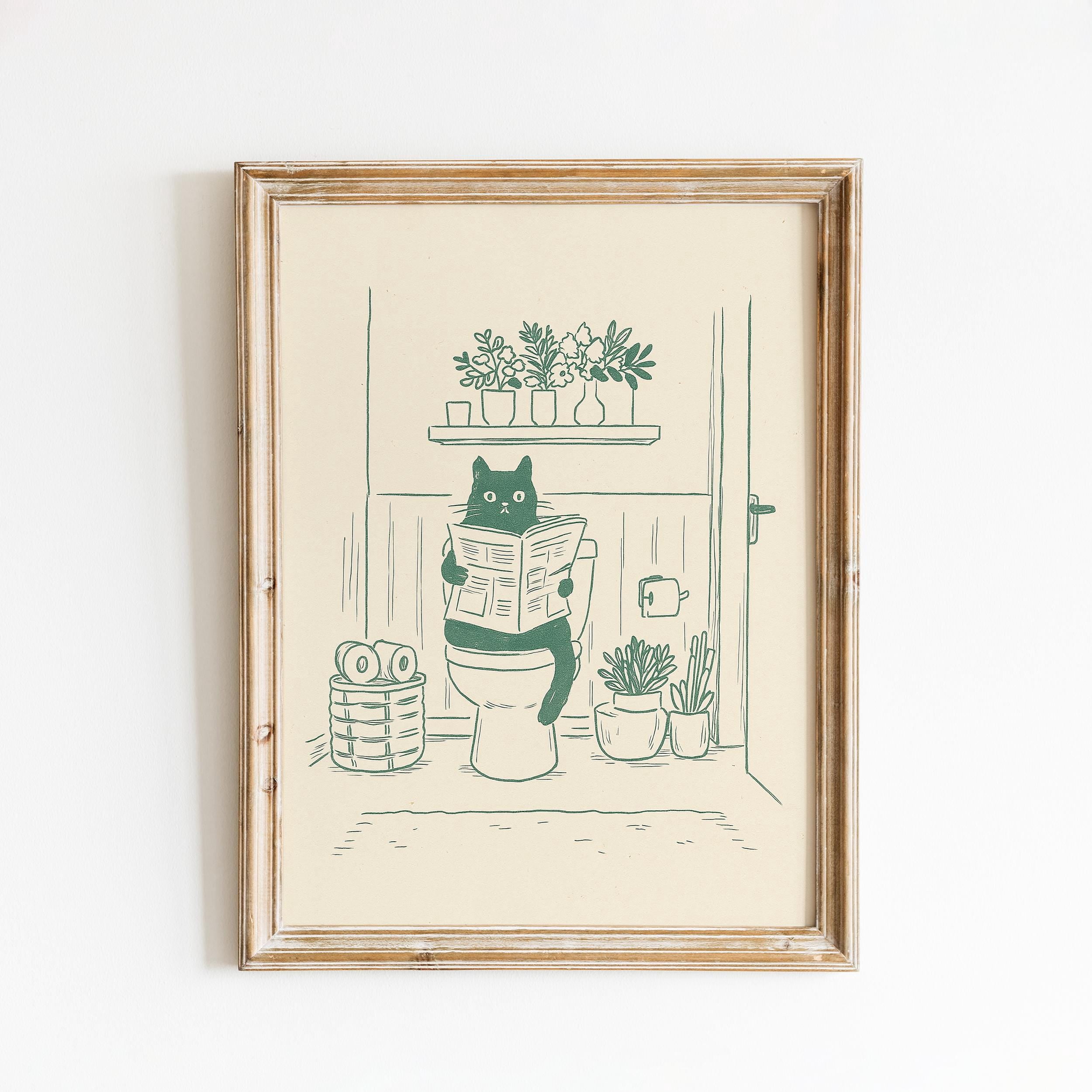 Affixzi Bathroom Cat Print, Reading Cat Wall Art, Restroom Decor ...