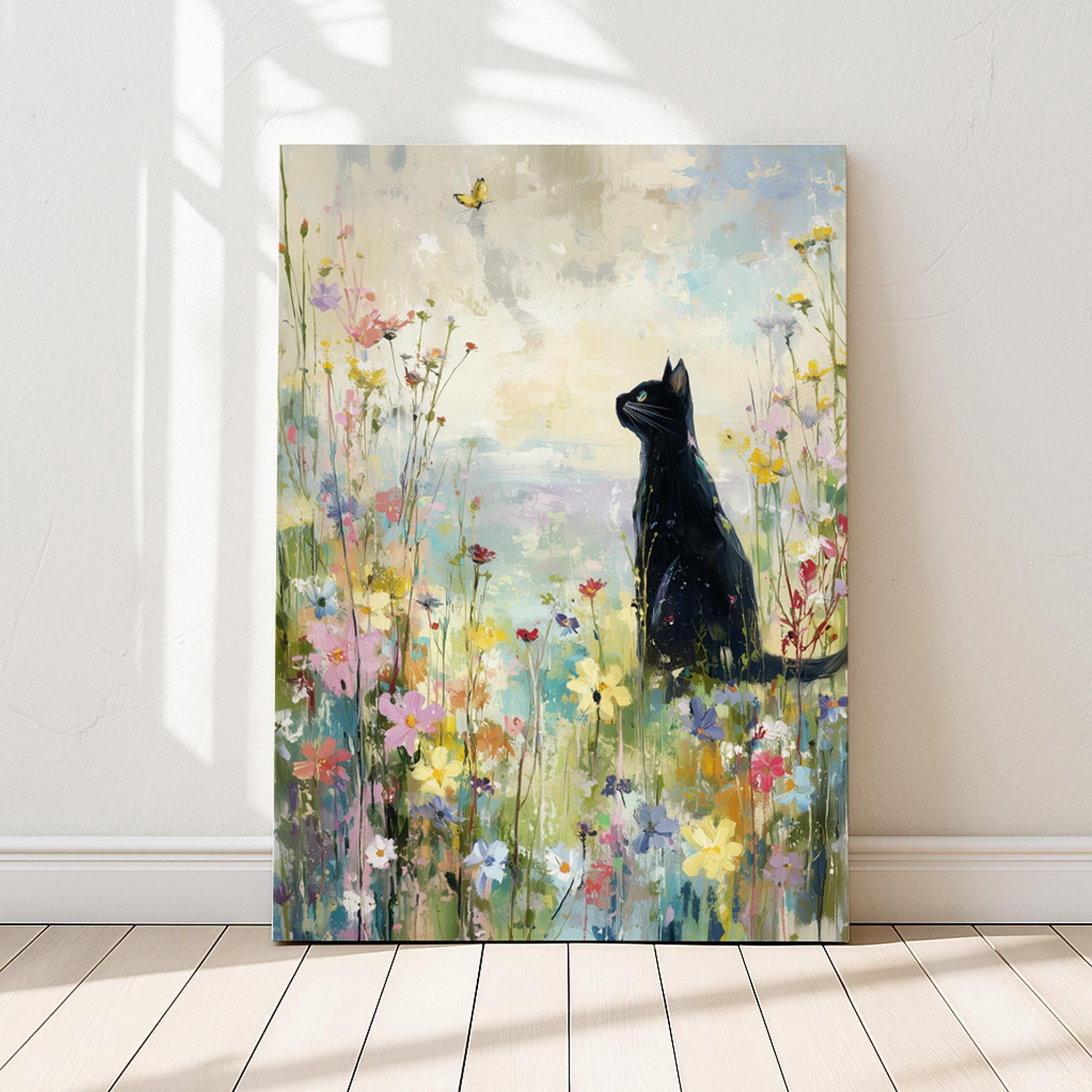 Affixzi Black Cat Art Print, Sitting Among Wildflowers, Whimsical ...