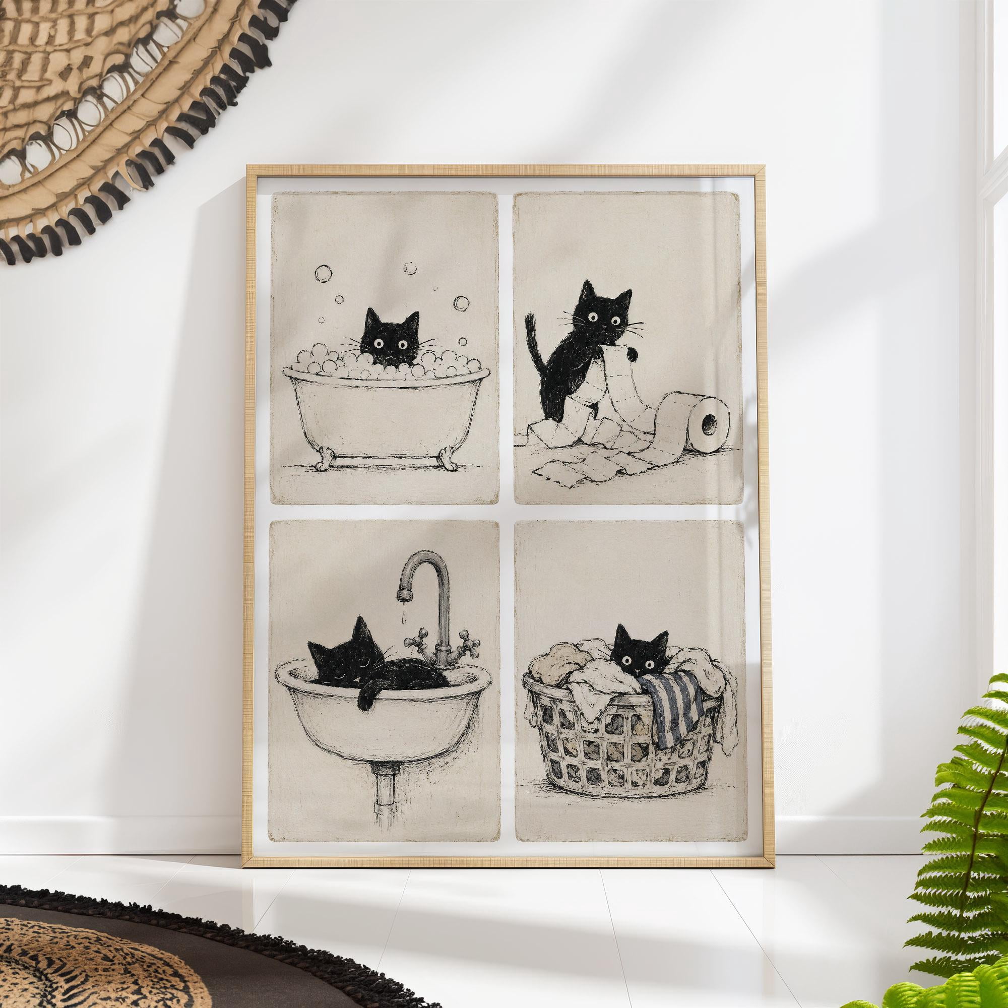 Affixzi Black Cat Bathroom Print Set: Funny Cat Bath Ink Drawing Humor ...