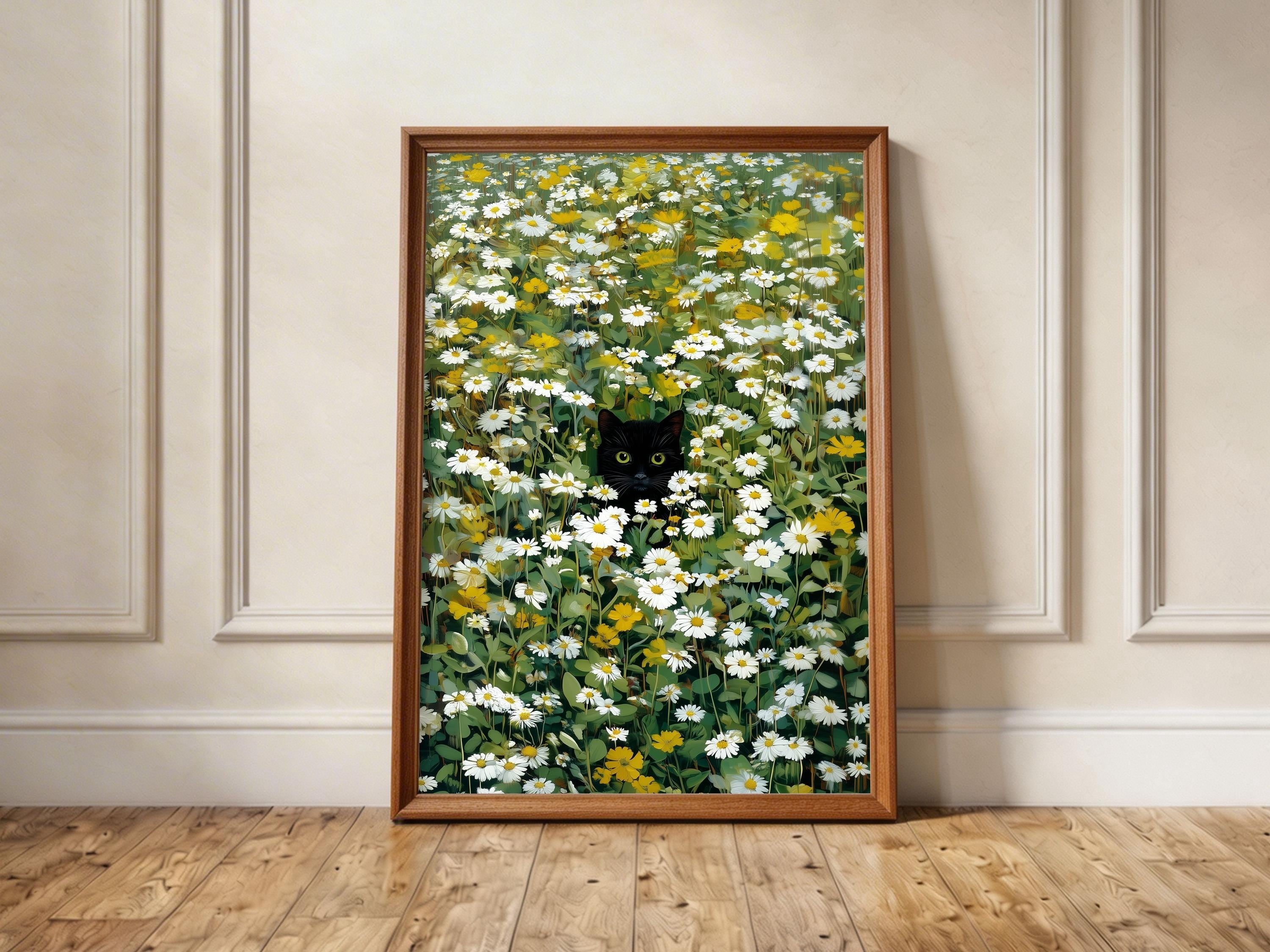 Affixzi Black Cat Daisies Print, Whimsical Floral Wall Art, Cottagecore ...