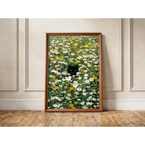 Affixzi Black Cat Daisies Print, Whimsical Floral Wall Art, Cottagecore ...
