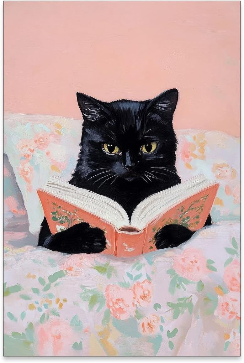 Affixzi Black Cat Reading Books Wall Art, Pink Girly Room Posters, Cute ...