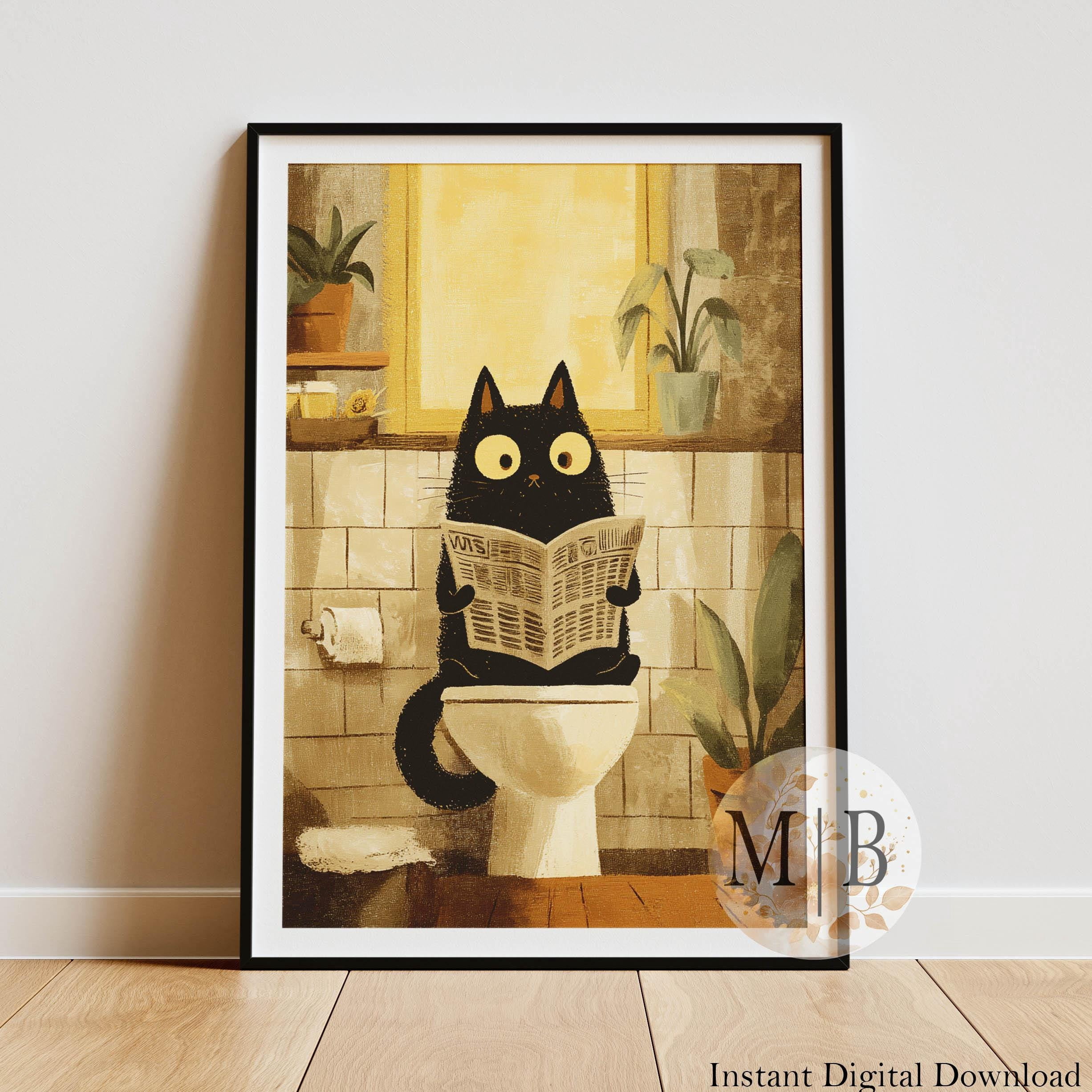 Affixzi Black Cat Reading Newspaper on Toilet Art Print, Funny Bathroom ...