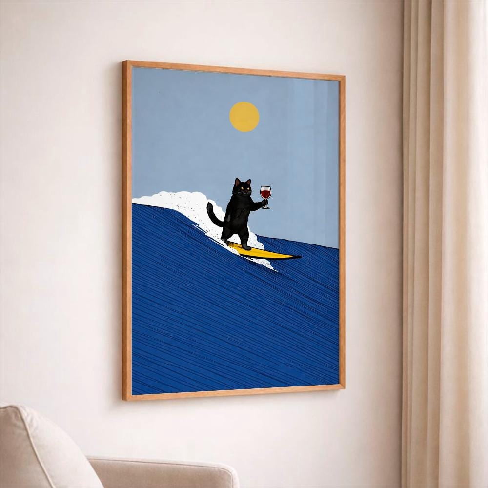 Affixzi Black Cat Surfing Wall Art Print, Quirky Retro Cat Decor ...