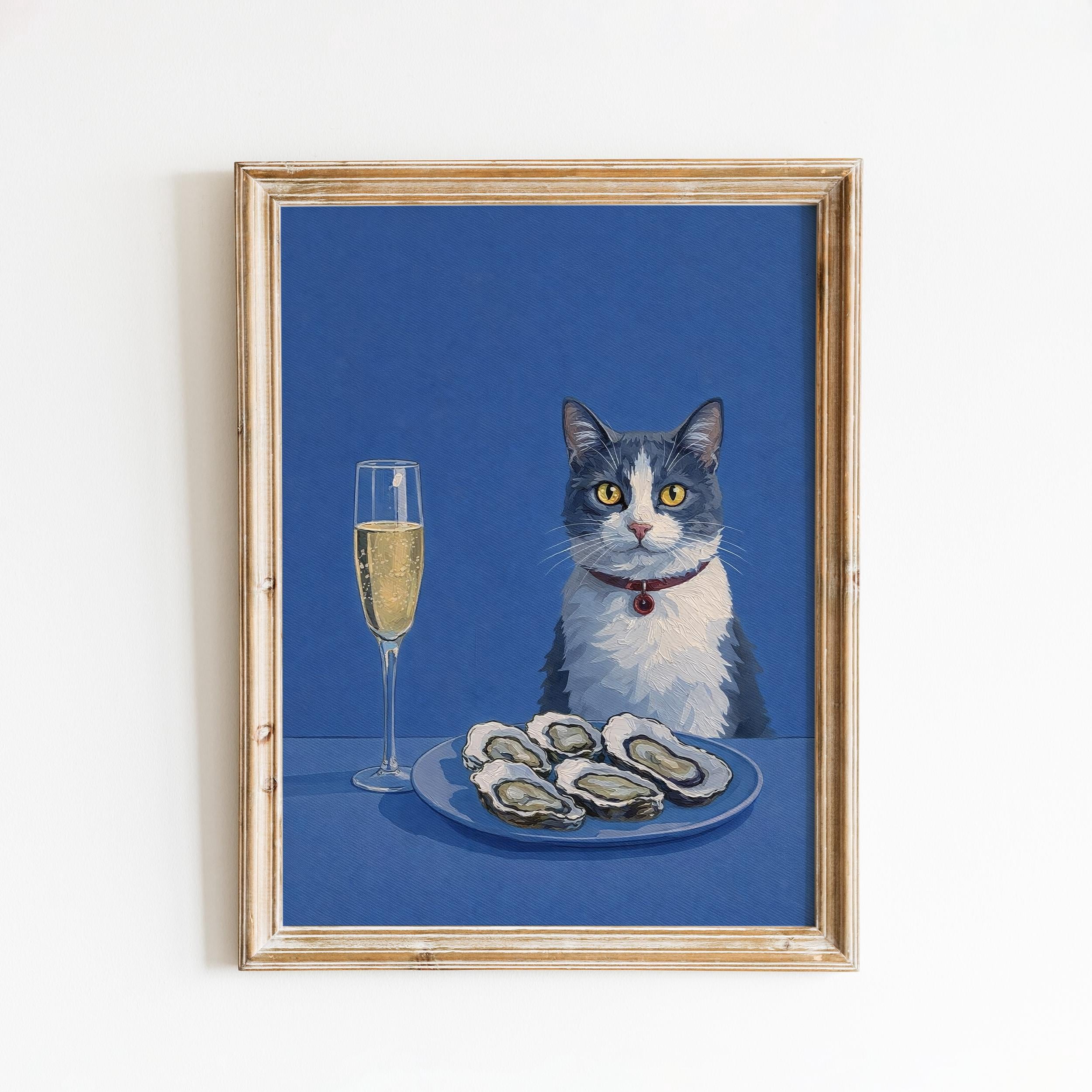 Affixzi Blue Cat Oyster Dinner Print, Whimsical Kitchen Wall Art, Funny ...