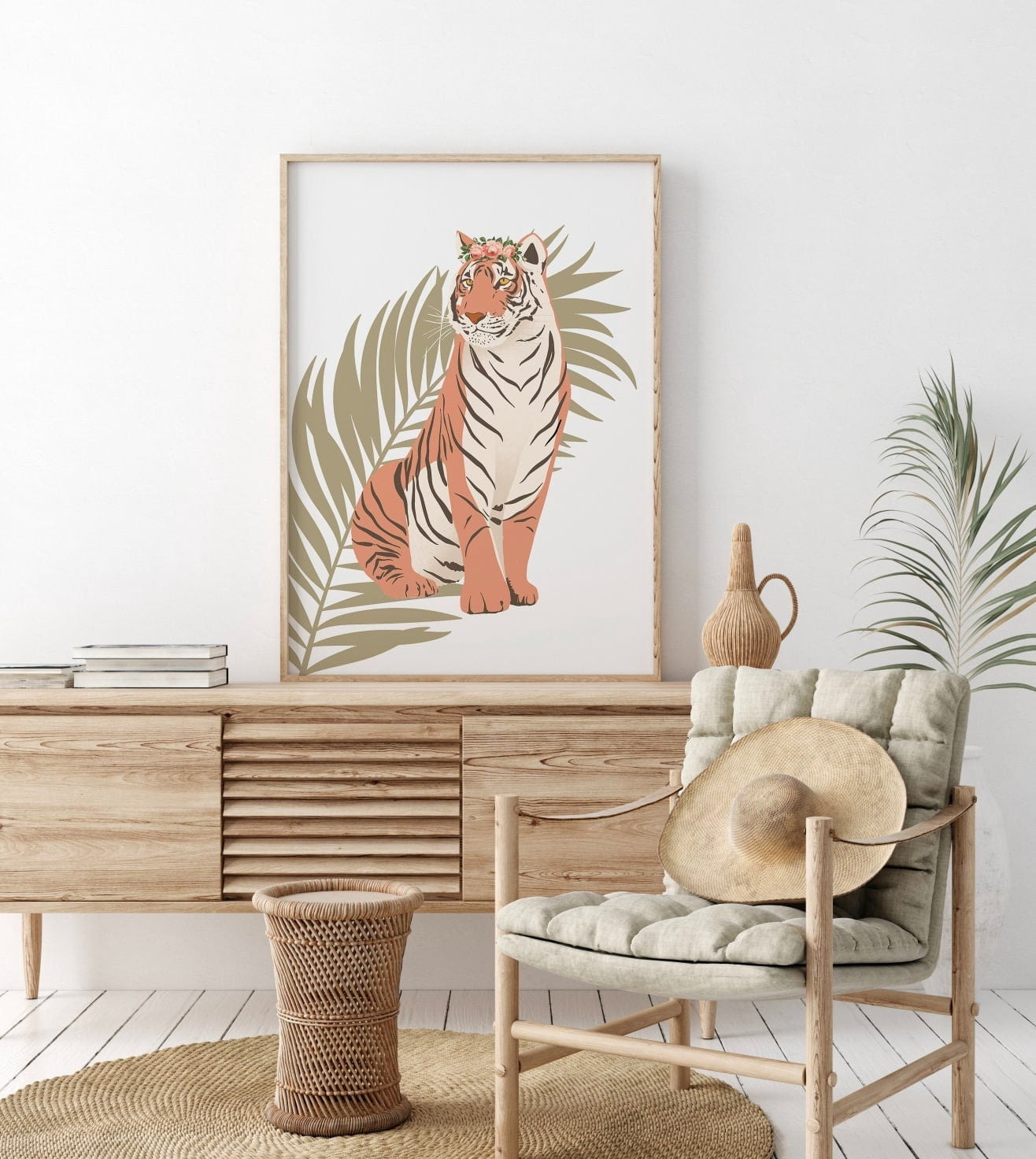 Affixzi Boho Tiger Art Print, Flower Crown, Orange Palms, Unframed ...