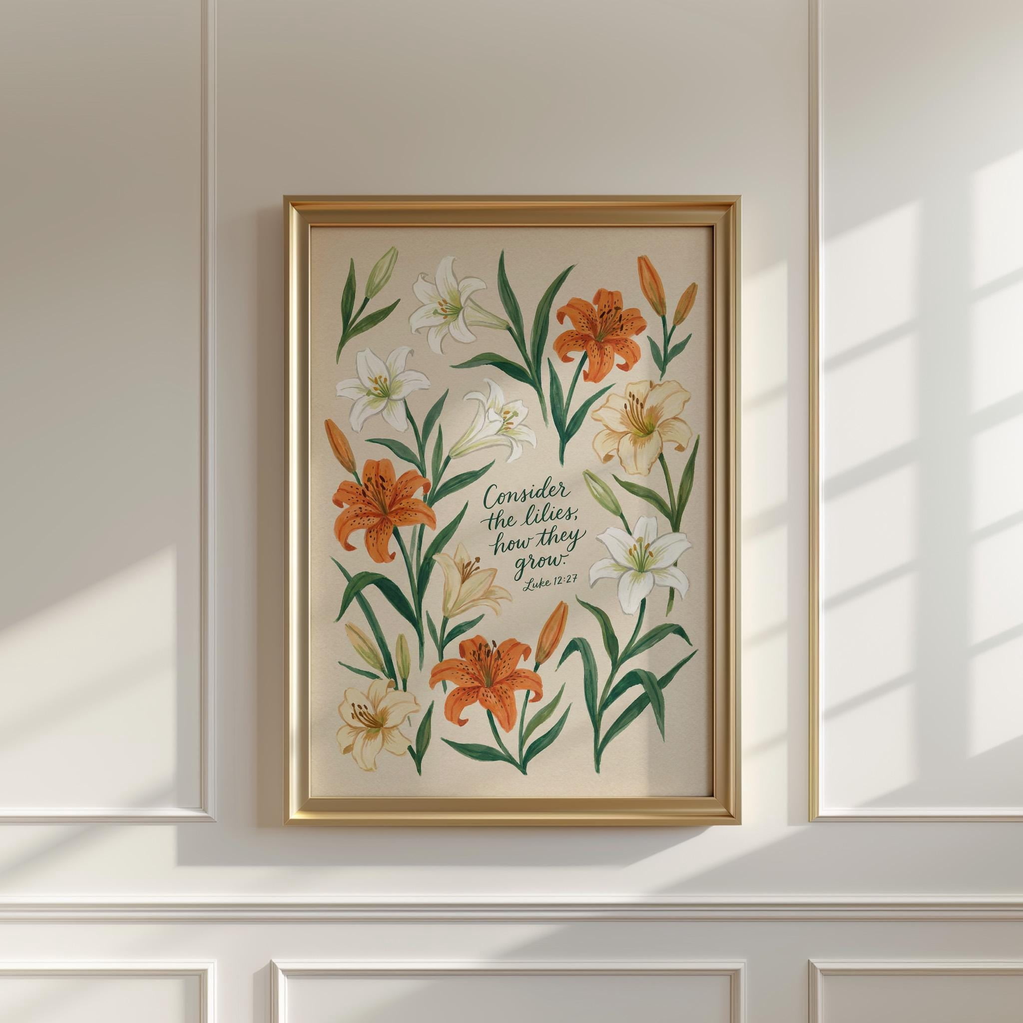 Affixzi Botanical Lily Print | Luke 12:27 Bible Verse Wall Art ...