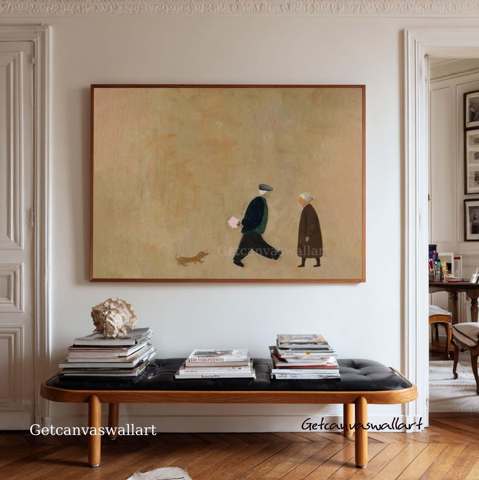 Affixzi Brown Minimalist Wall Art Featuring Walking Couple with Dog for ...