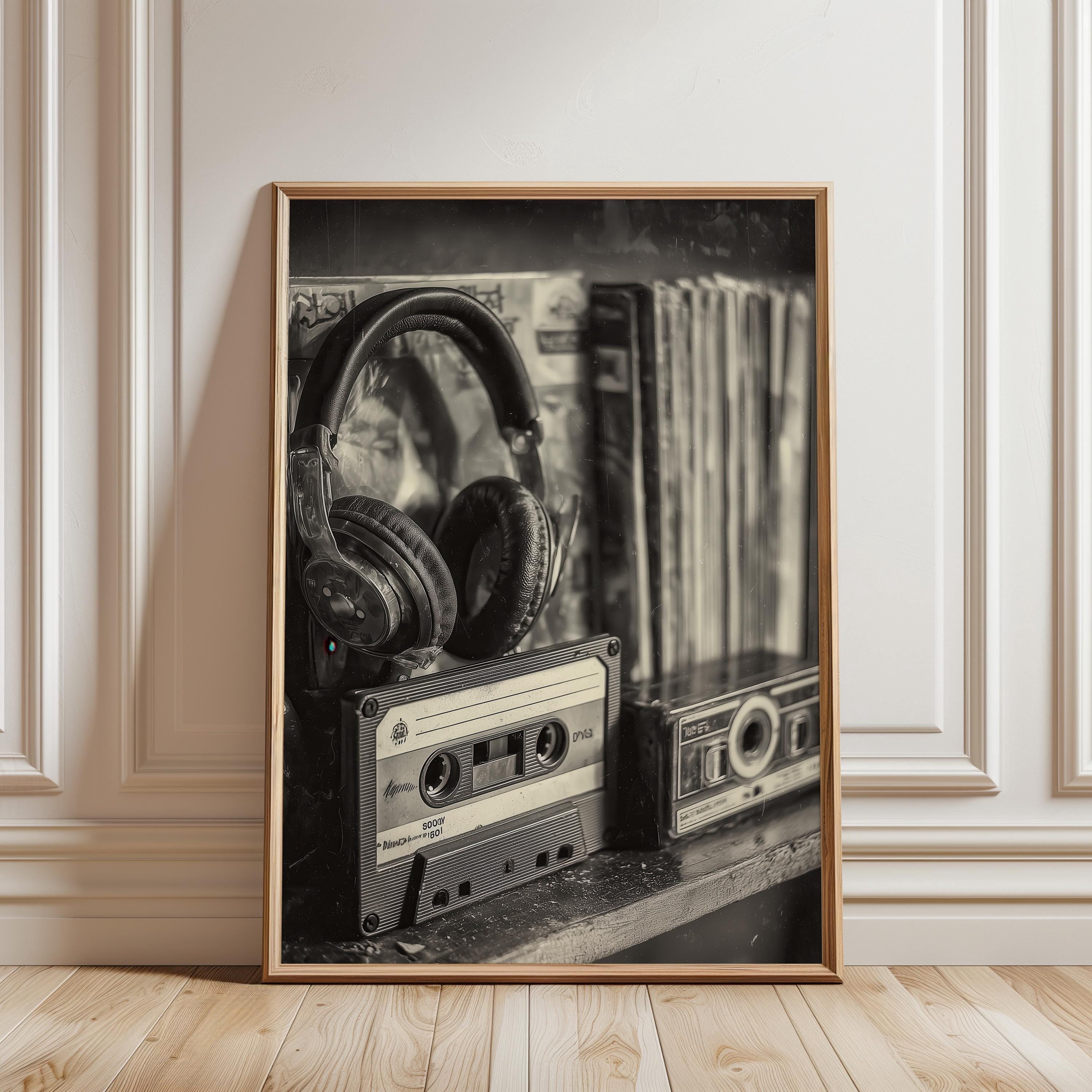 Affixzi Cassette Tape Headphones Poster, Vintage Music Photography Wall ...