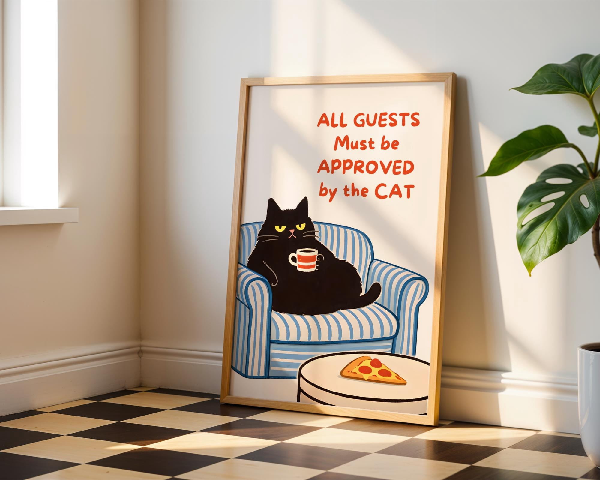 Affixzi Cat Poster, All Guests Must Be Approved, Cozy Living Room Art ...