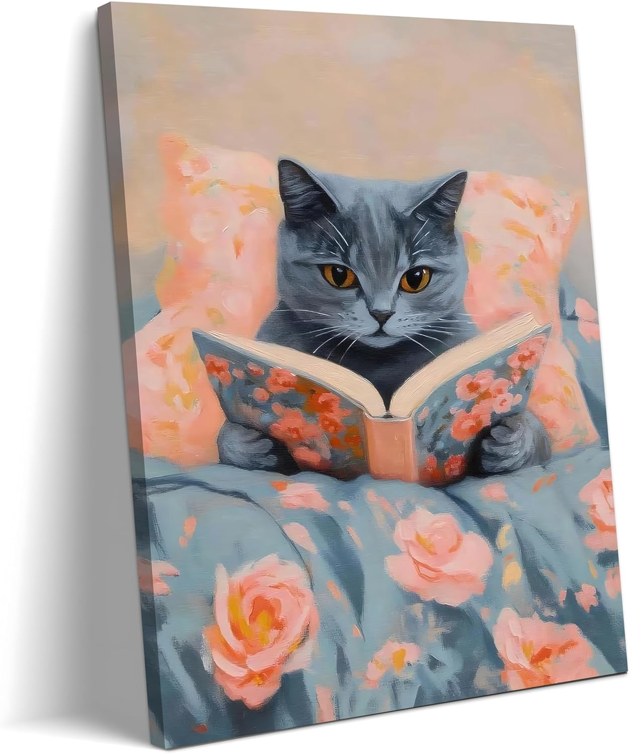 Affixzi Cat Reading Book Wall Art, Cute Gray Kitten Print, Animal ...