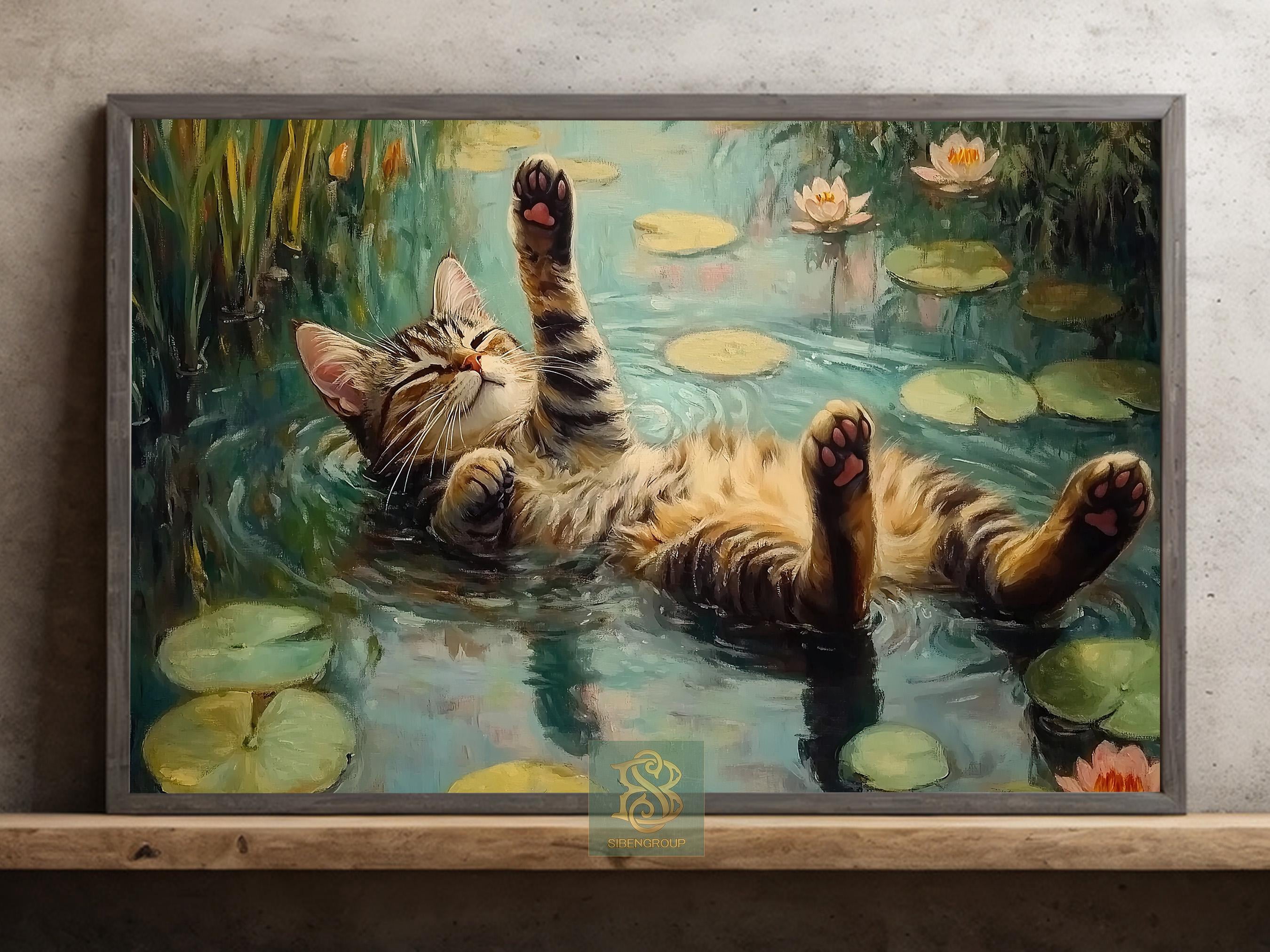 Affixzi Cat Wall Art, Relaxing Cat Print, Lily Pond Poster, Cottage ...