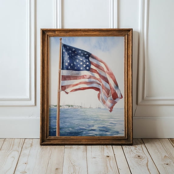 Affixzi Coastal American Flag Wall Art, Patriotic Beach Watercolor ...