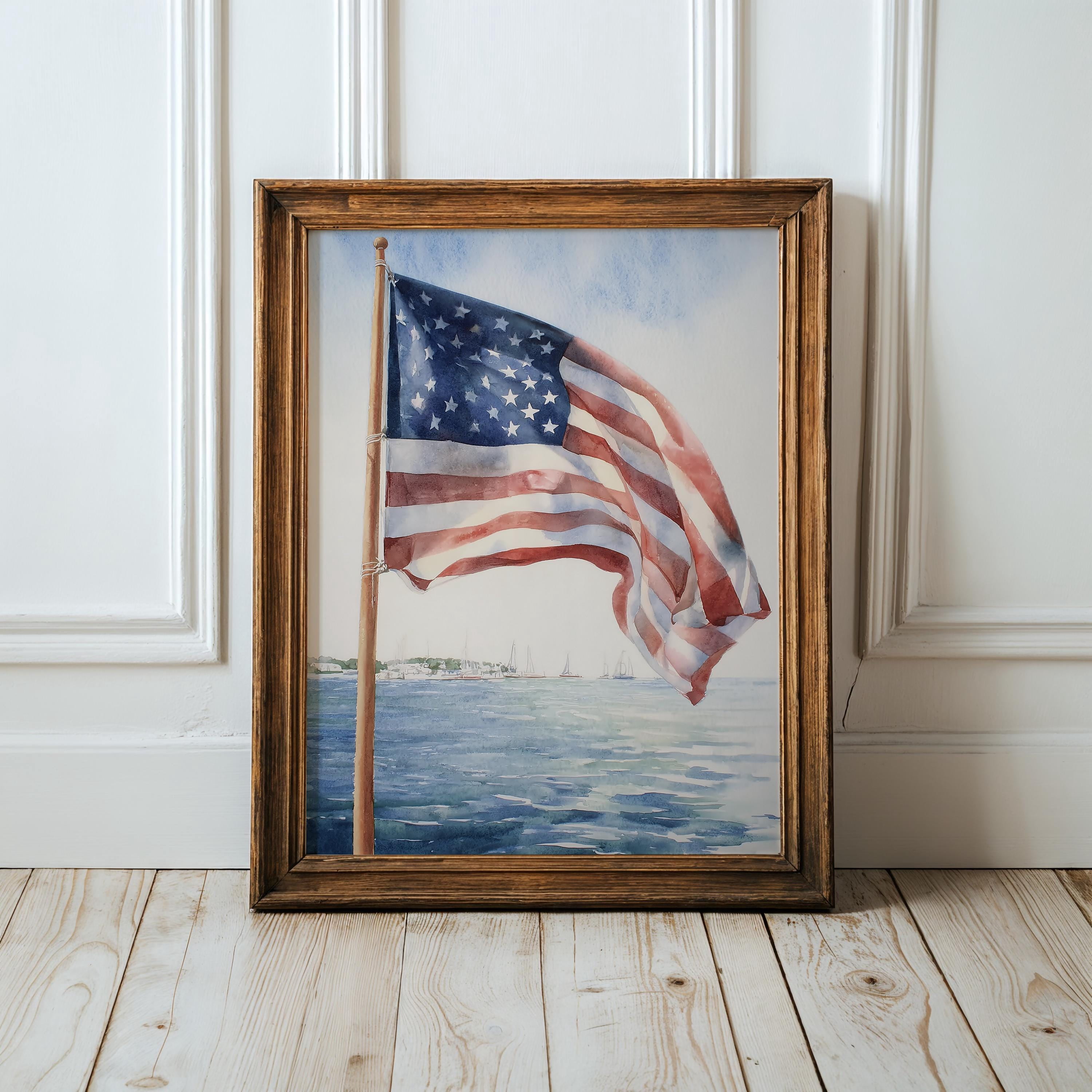 Affixzi Coastal American Flag Wall Art, Patriotic Beach Watercolor ...
