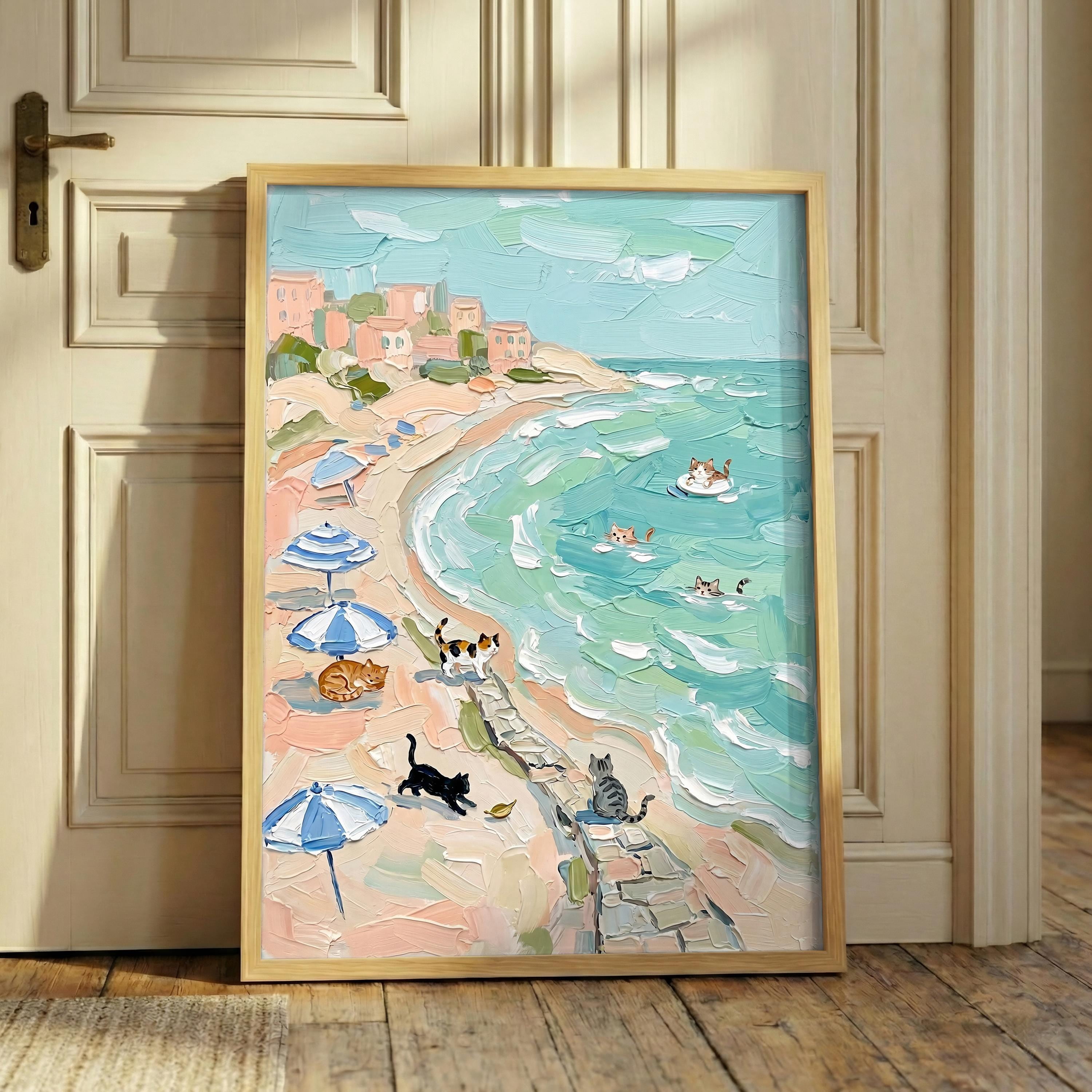 Affixzi Coastal Cat Beach Print – European Summer Wall Art, Faux ...
