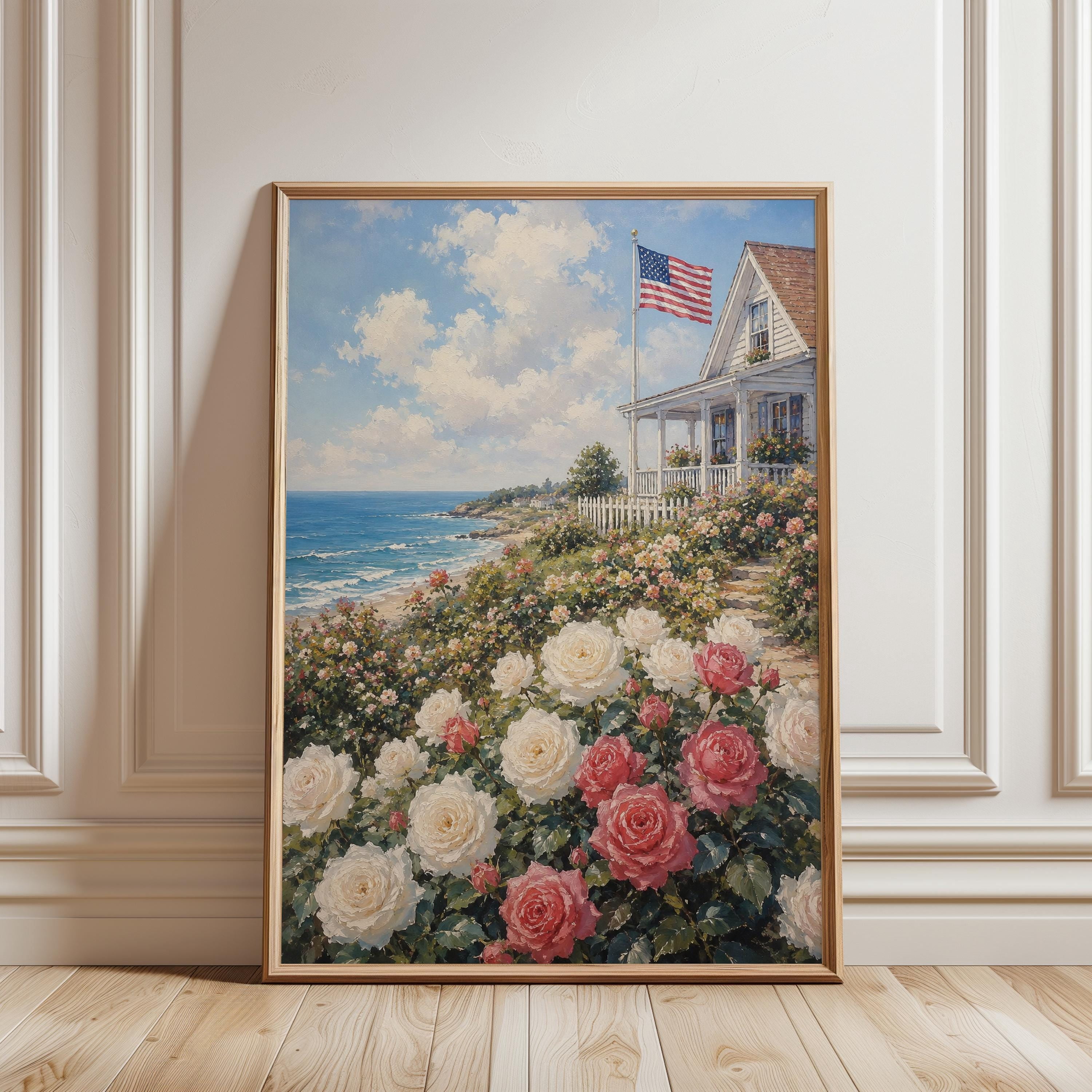 Affixzi Coastal Rose Garden Print Wall Art Beach House American Flag ...
