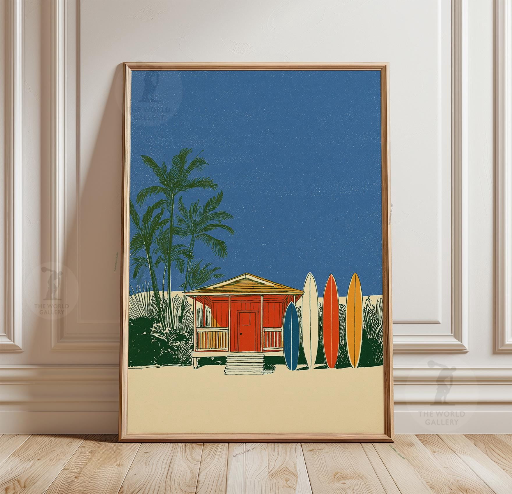 Affixzi Coastal Surfboard Wall Art | Tropical Beach Hut Illustration ...
