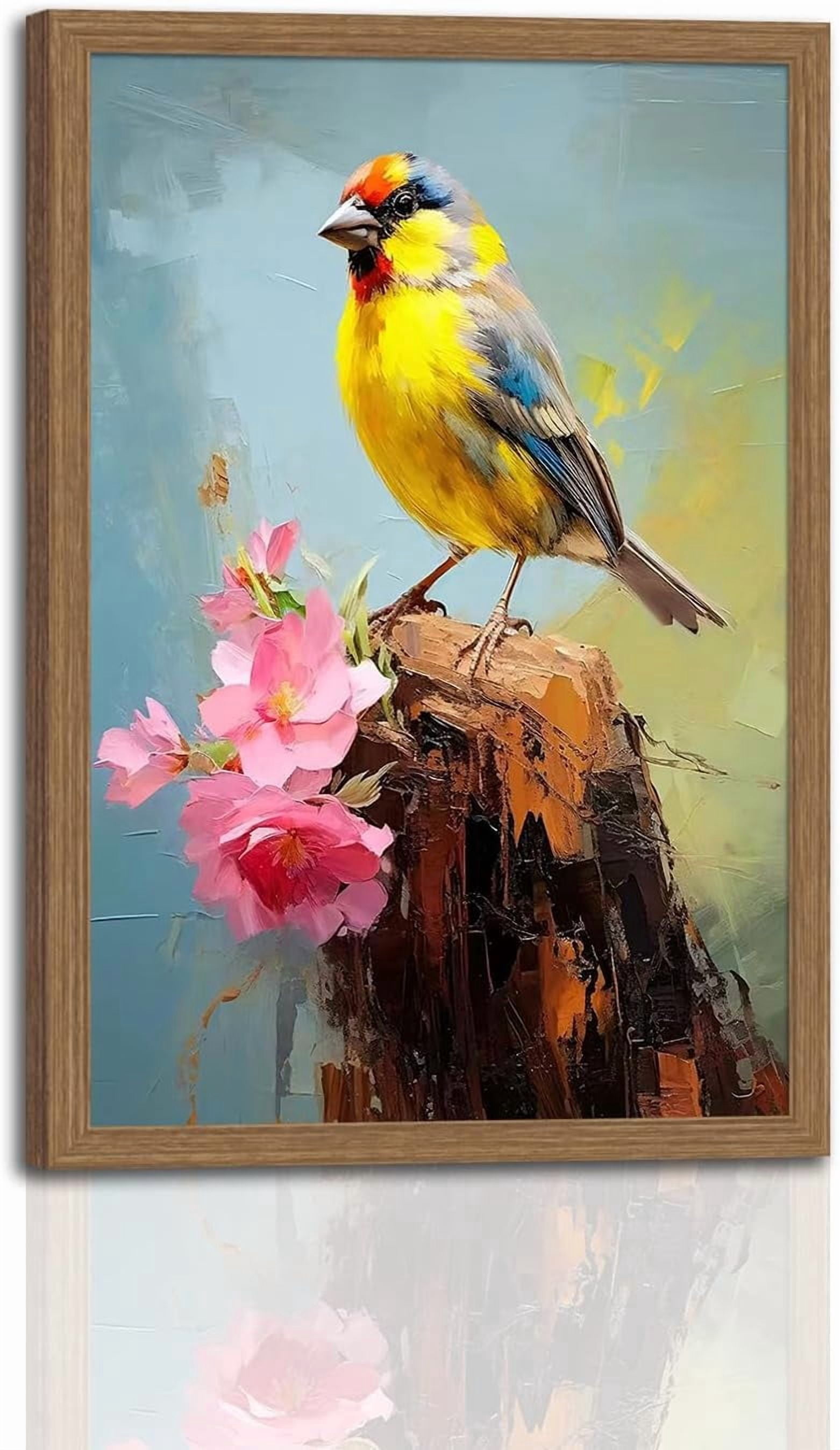 Affixzi Colorful Bird Wall Art Canvas Print Yellow Songbird with Pink ...