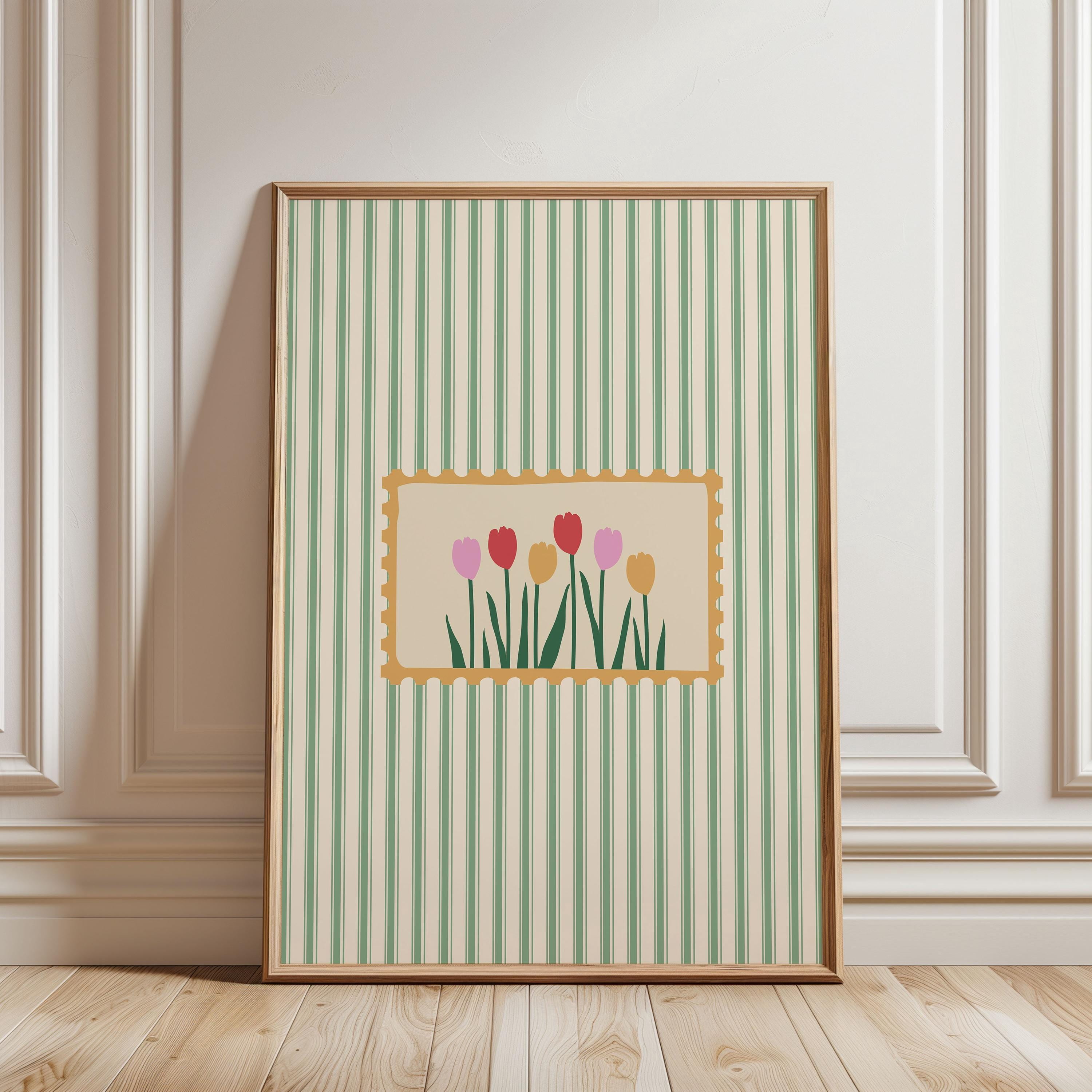 Affixzi Colorful Tulip Flower Print with Striped Pattern for Aesthetic ...