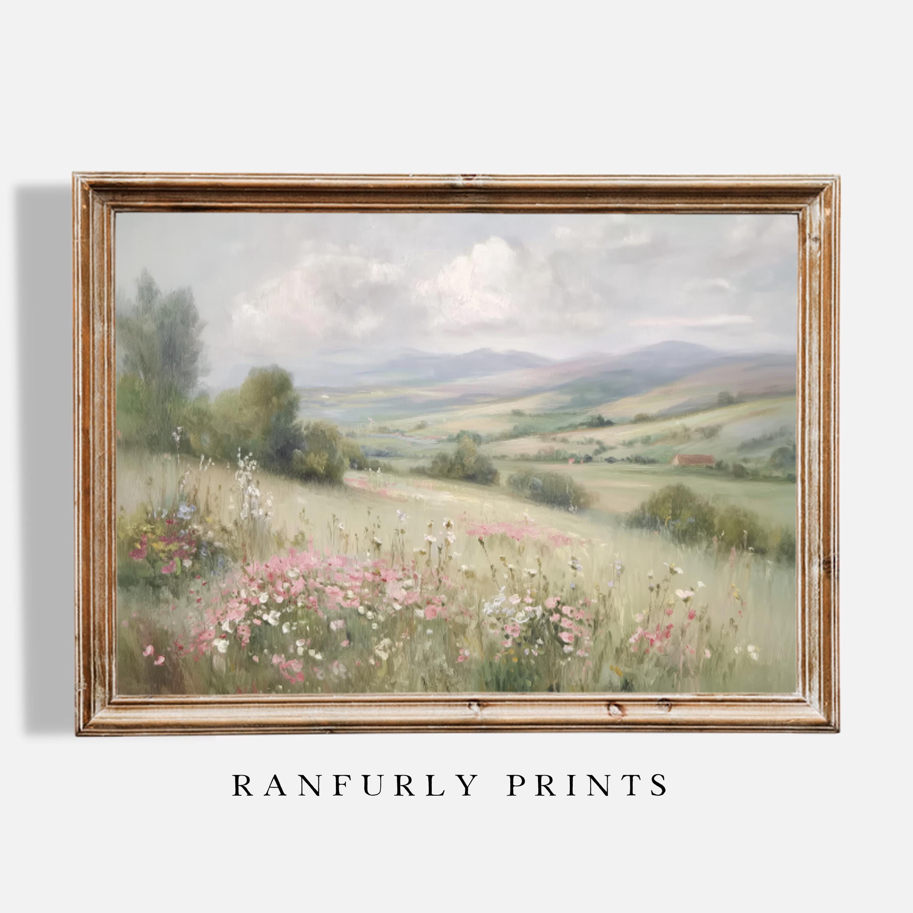Affixzi Countryside Print with Pink Wildflowers, Rustic Landscape Wall ...