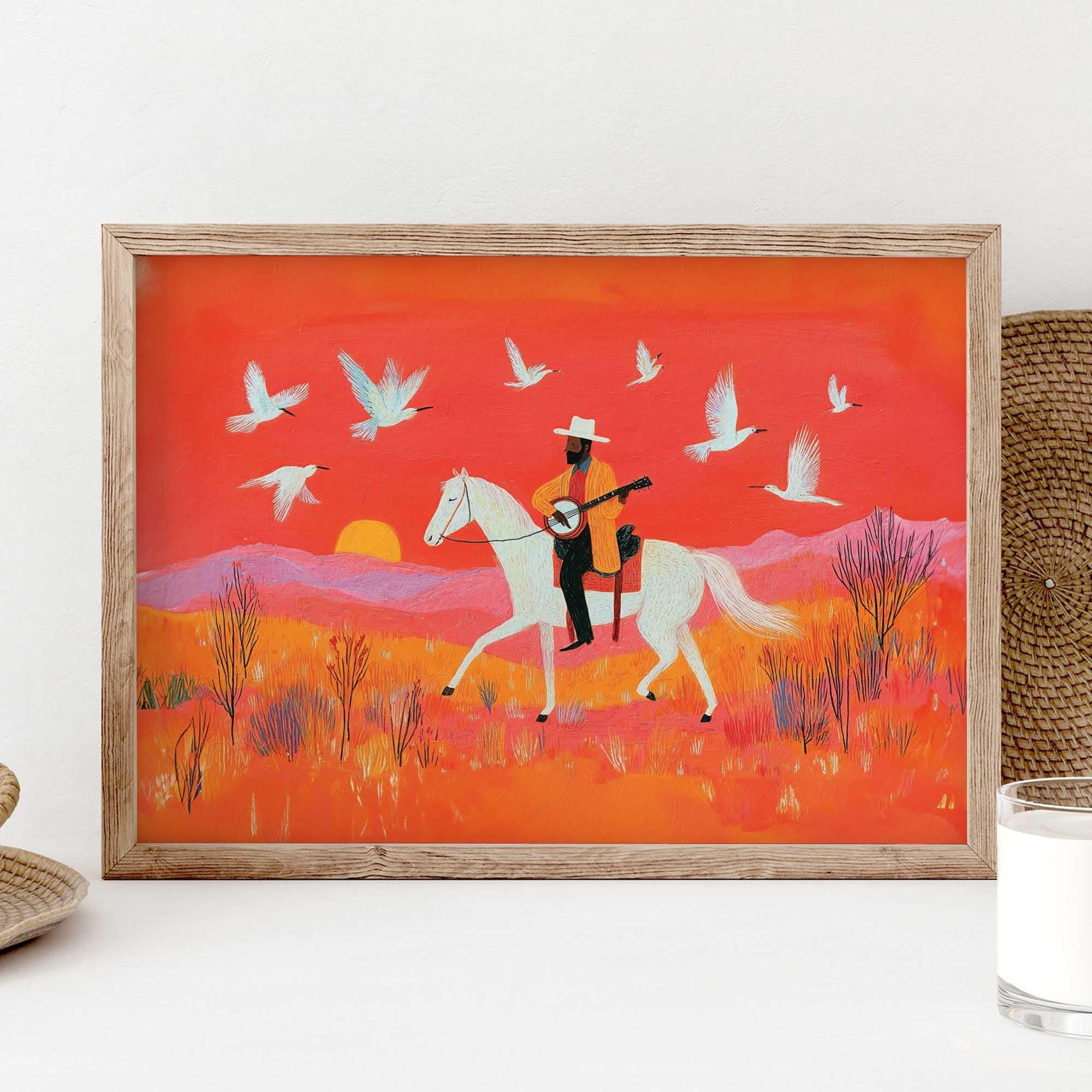 Affixzi Cowboy Banjo Art Print - Red Western Wall Decor with White ...
