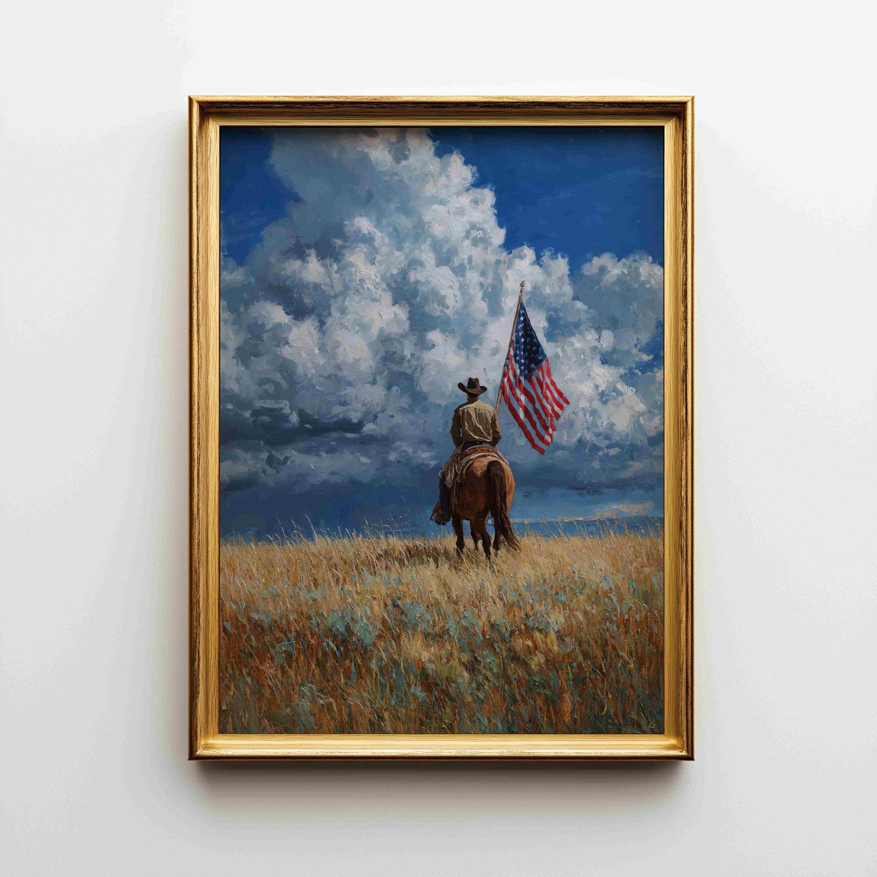Affixzi Cowboy Holding American Flag Poster | Western Print, Unframed ...