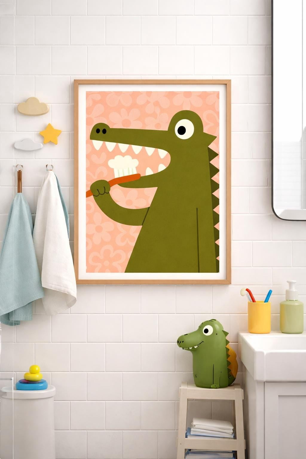 Affixzi Crocodile Brushing Teeth Wall Art, Quirky Animal Print, Fun ...