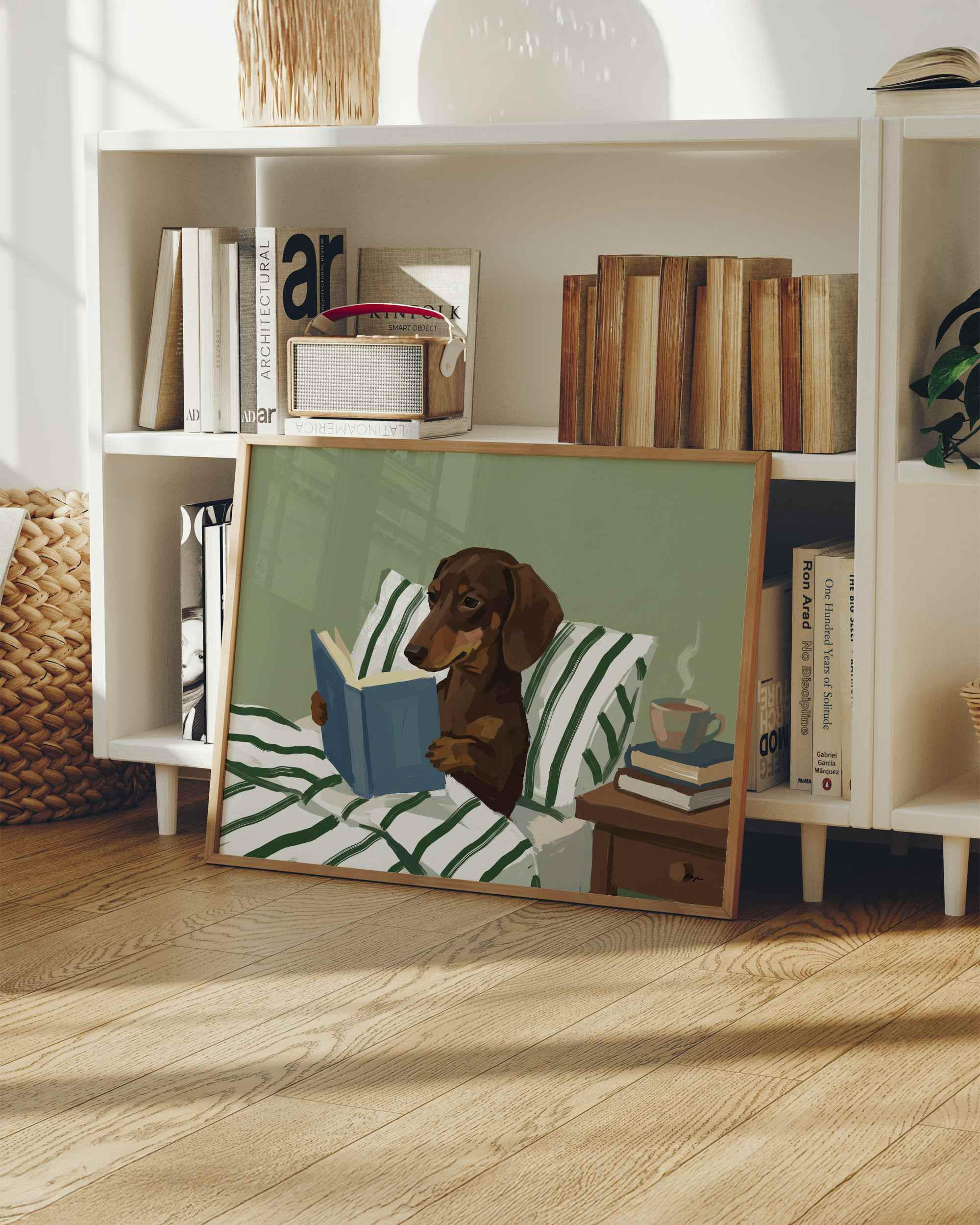Affixzi Dachshund Reading Horizontal Mid Century Book Poster, Artsy ...