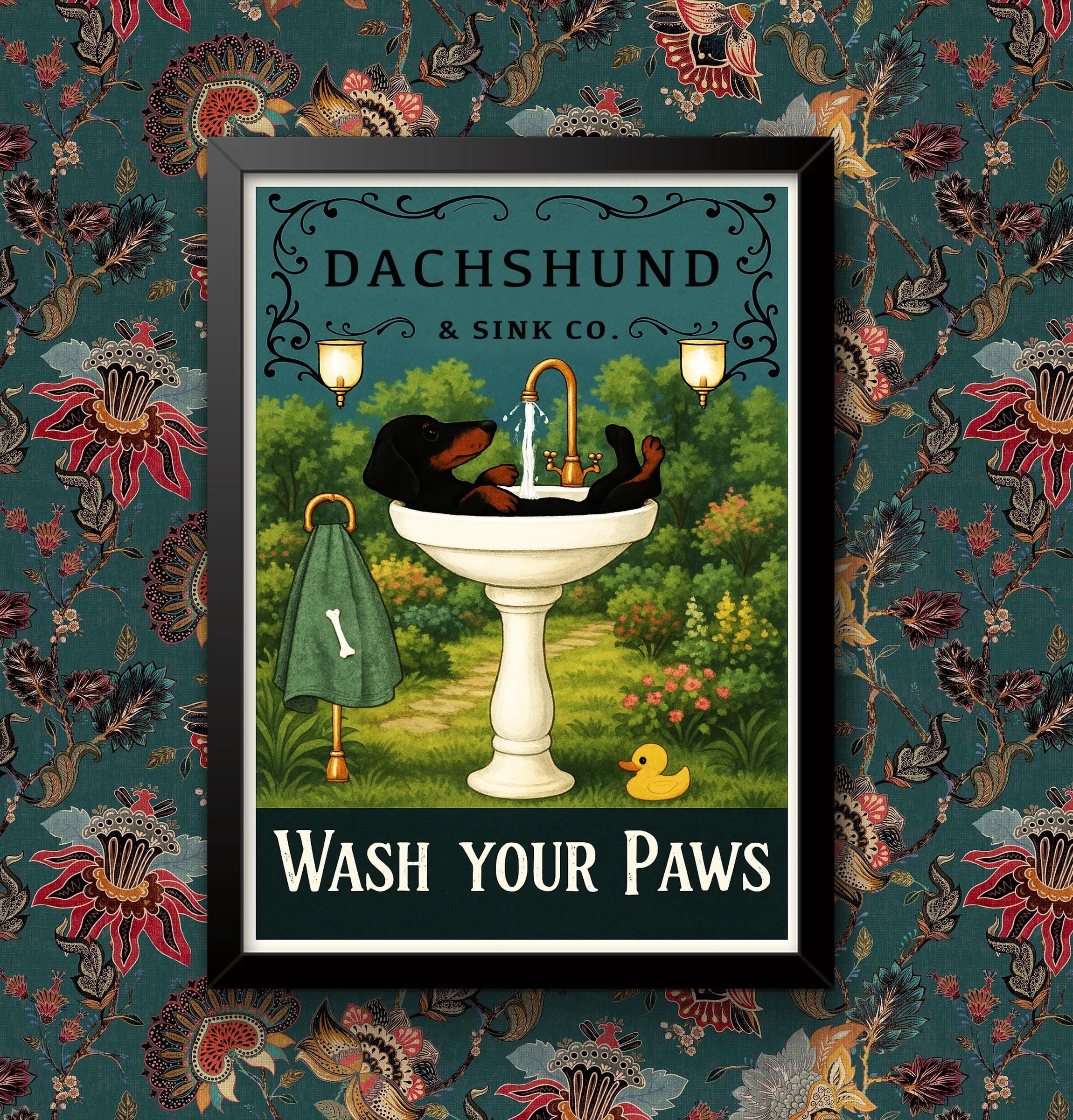 Affixzi Dachshund Wash Your Paws Poster, Bathroom Decoration Print, Dog ...