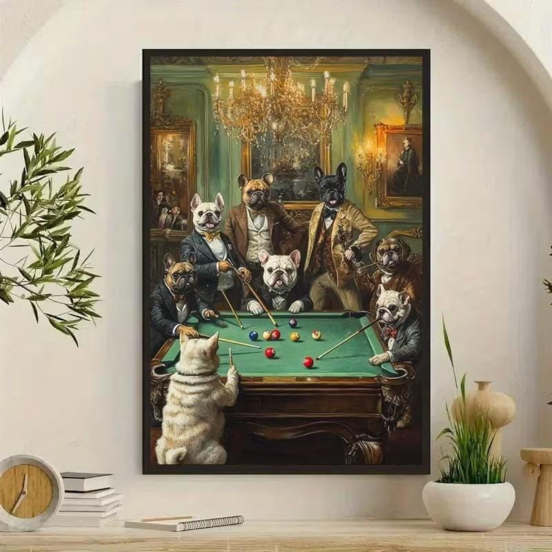 Affixzi Dogs Playing Pool Poster - Whimsical Vintage Style Billiard Art ...