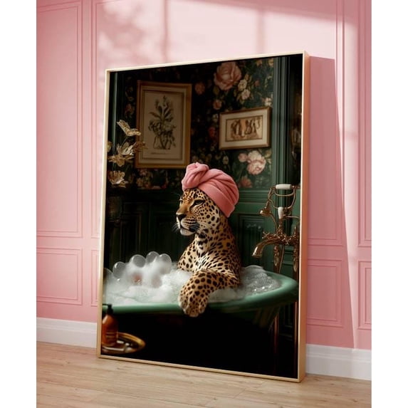 Affixzi Elegant Leopard in Bubble Bath Art Print for Quirky Bathroom ...