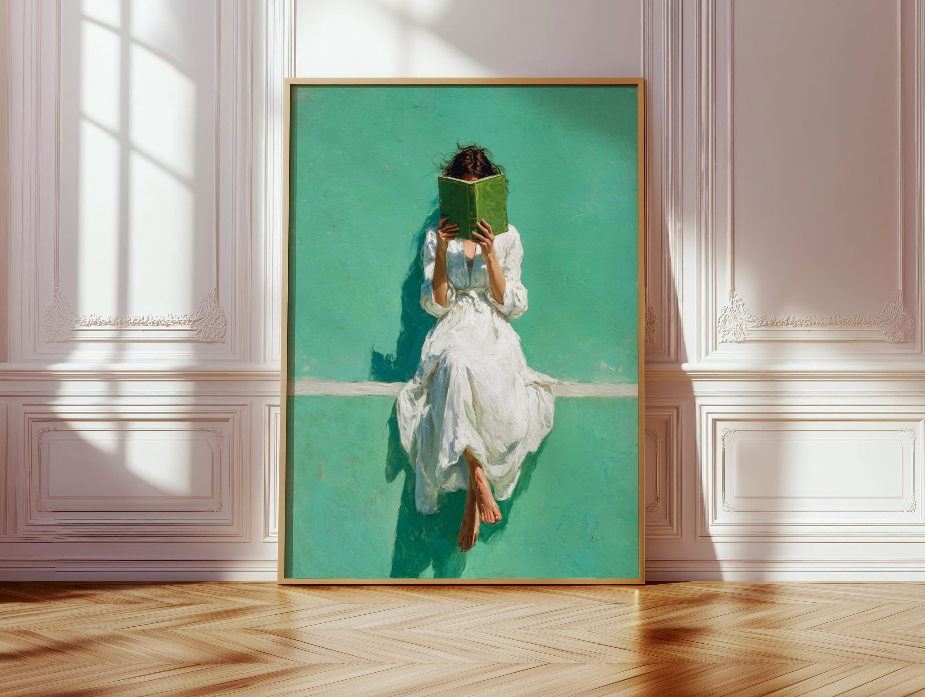 Affixzi Emerald Green Book Nook Print, Reading Girl Wall Art, Cozy ...