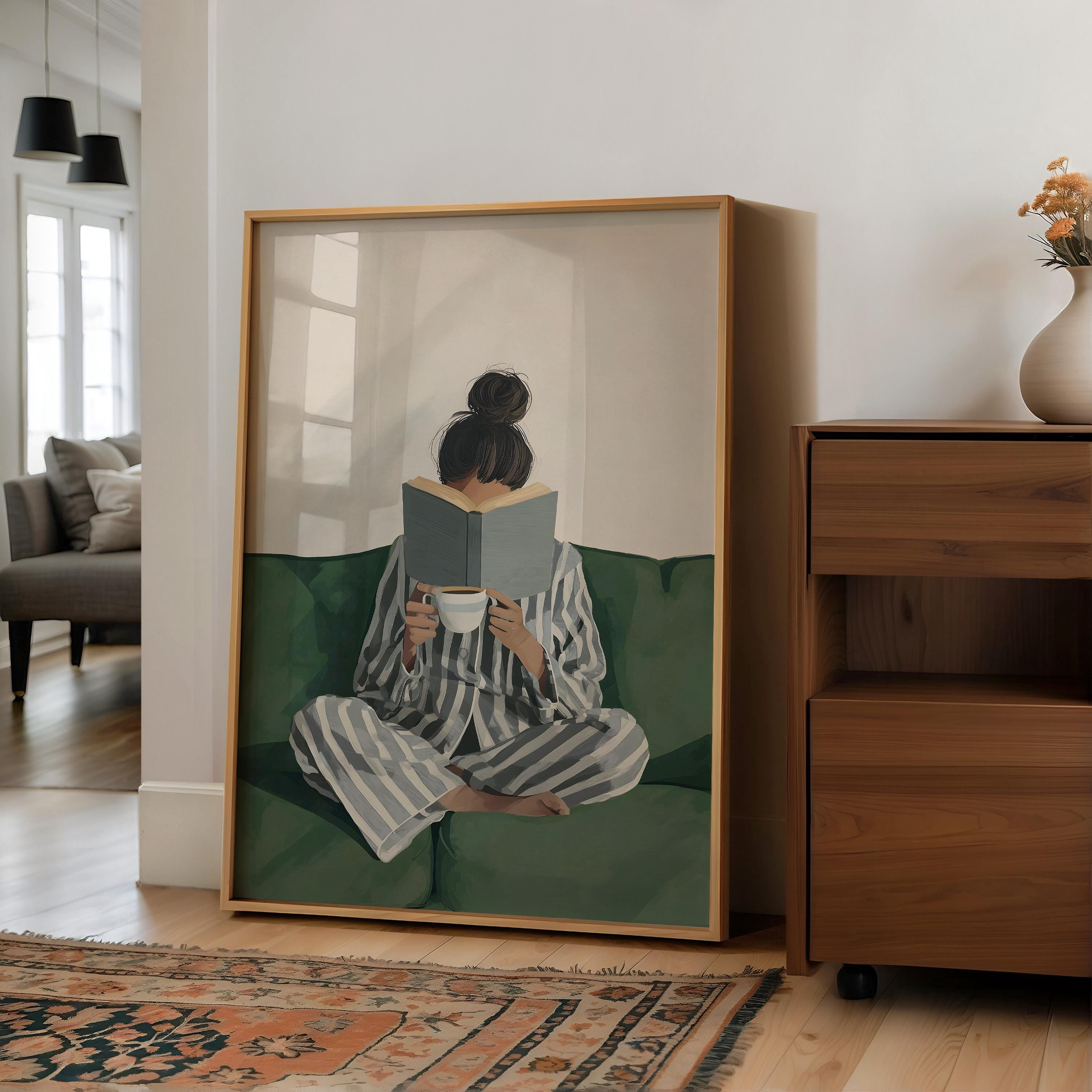 Affixzi Emerald Green Woman Reading Wall Art: Book Wall Art, Aesthetic ...