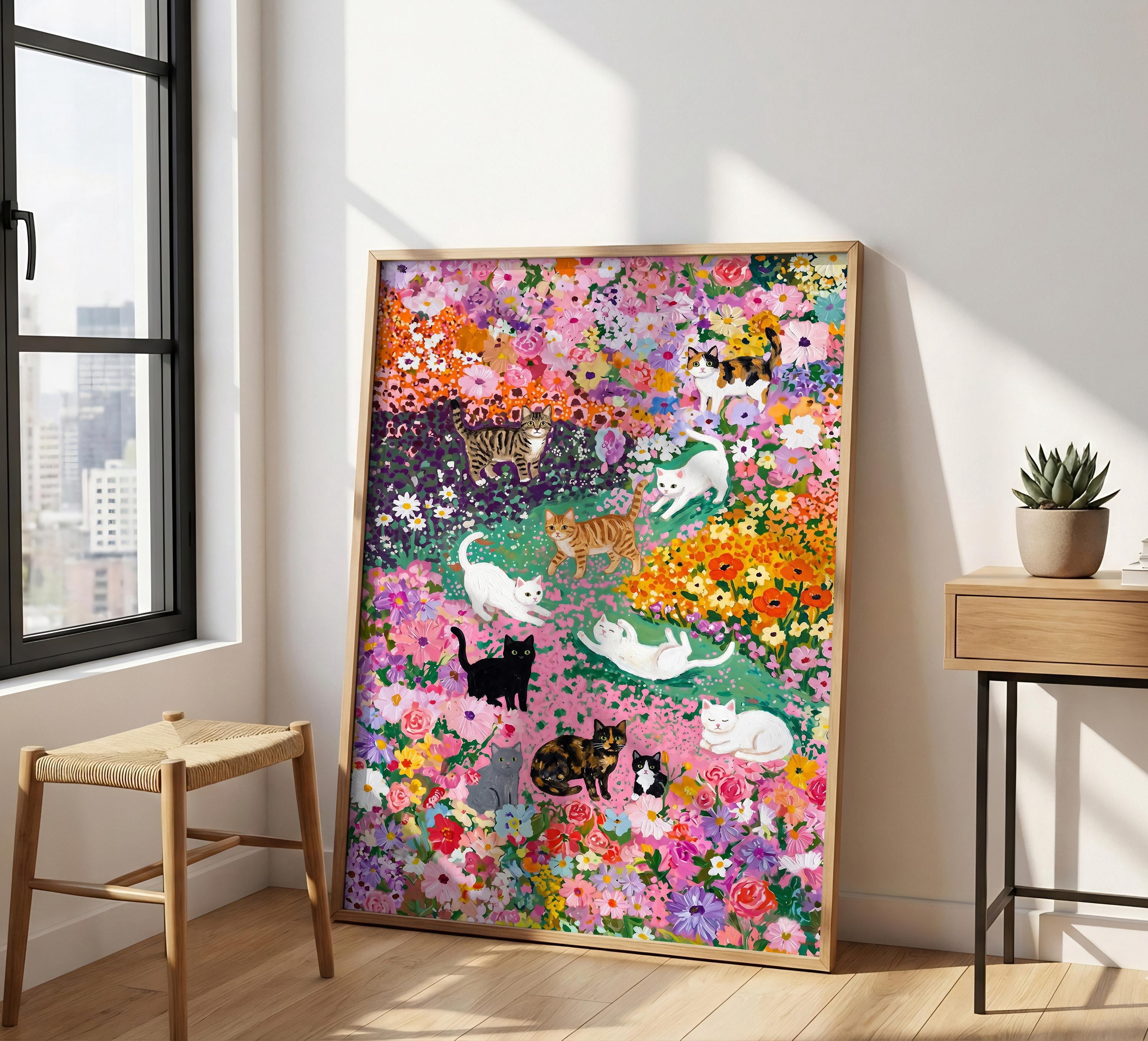 Affixzi Floral Cat Print, Whimsical Animal Poster, Colorful Meadow Wall ...