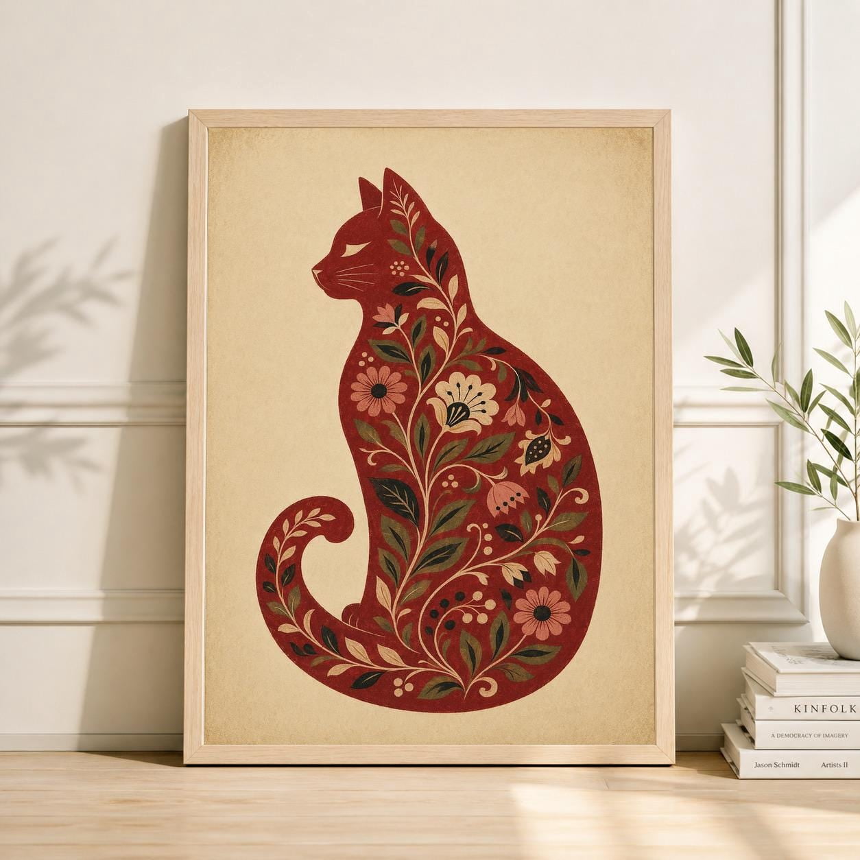 Affixzi Folk Art Cat Print, Scandinavian Botanical Red Floral Wall Art ...