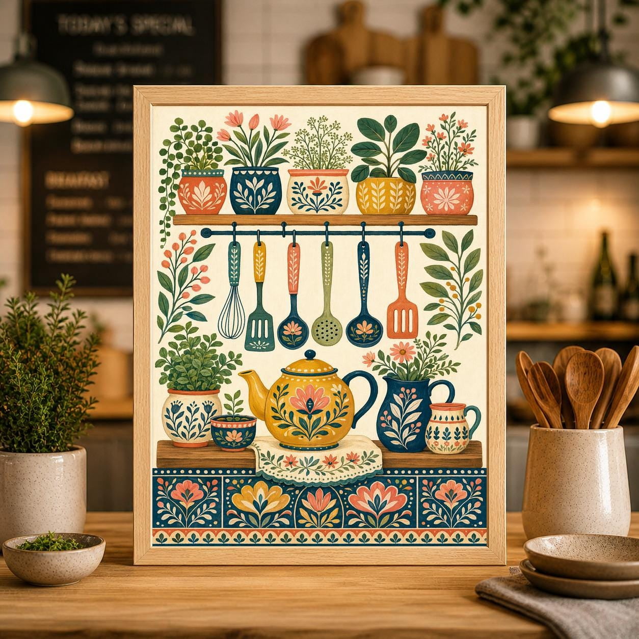 Affixzi Folk Art Kitchen Print, Whimsical Floral Shelf Decor ...