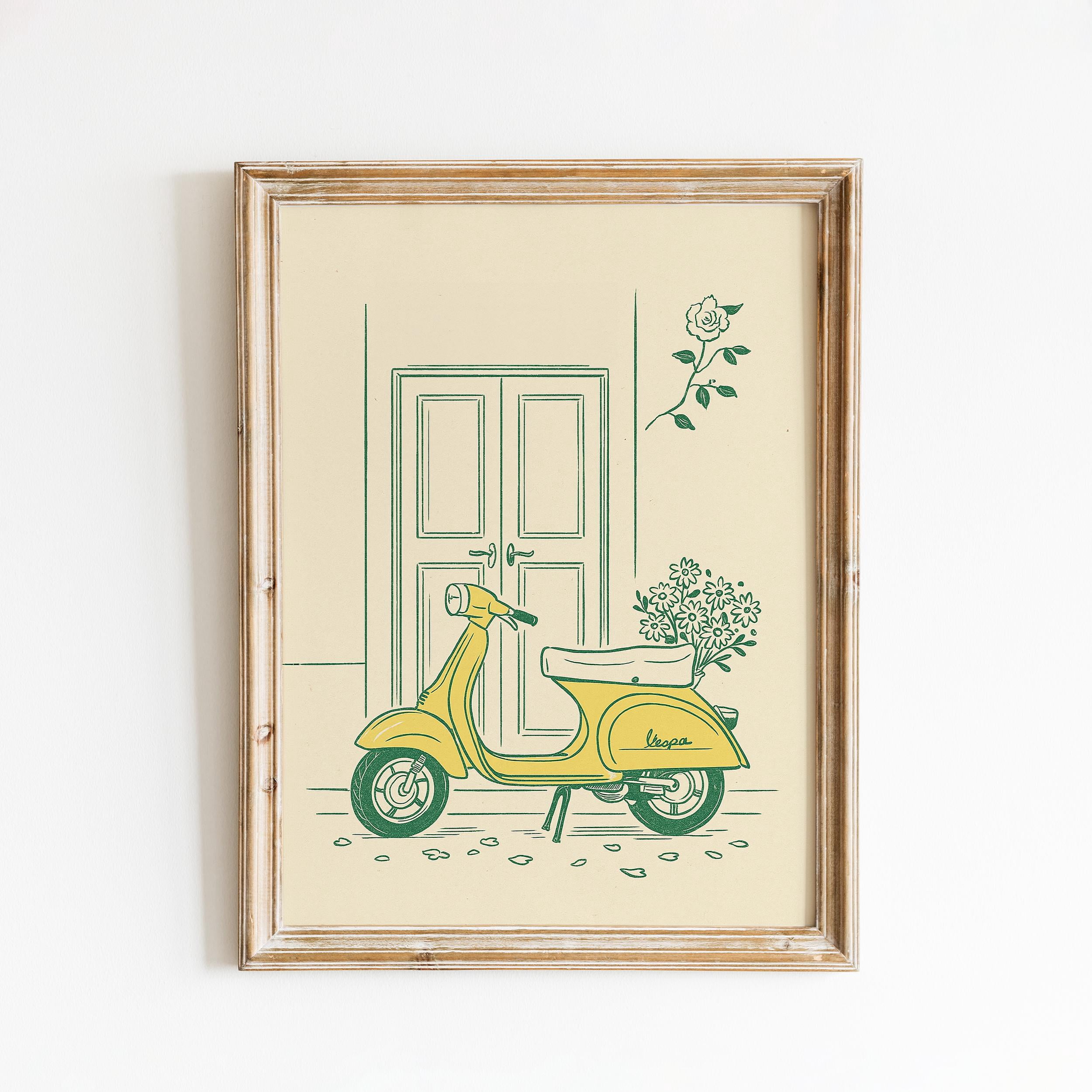 Affixzi Front Door Art, Yellow Scooter Illustration, Vintage Style Wall ...