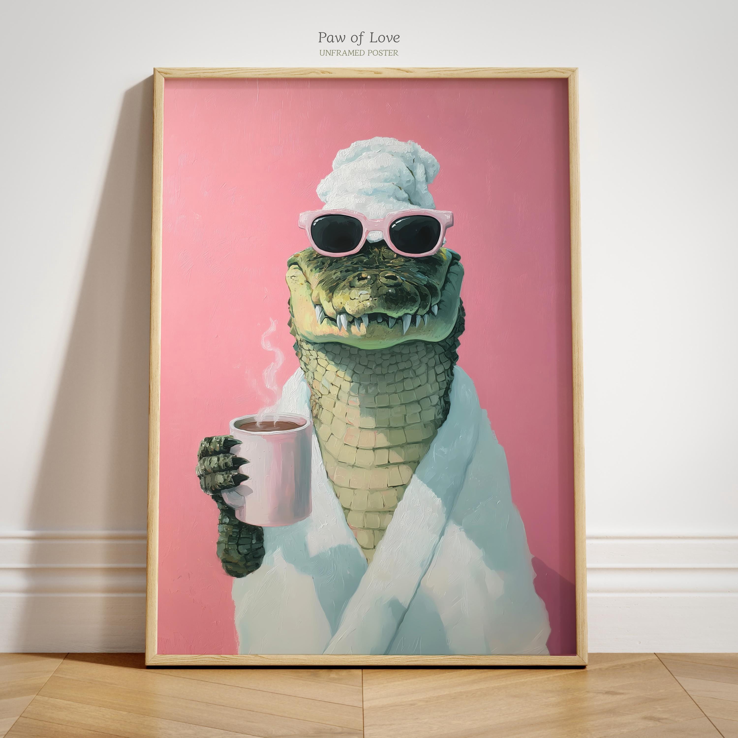 Affixzi Funny Alligator Coffee Art Print, Gator Bathroom Wall Decor ...