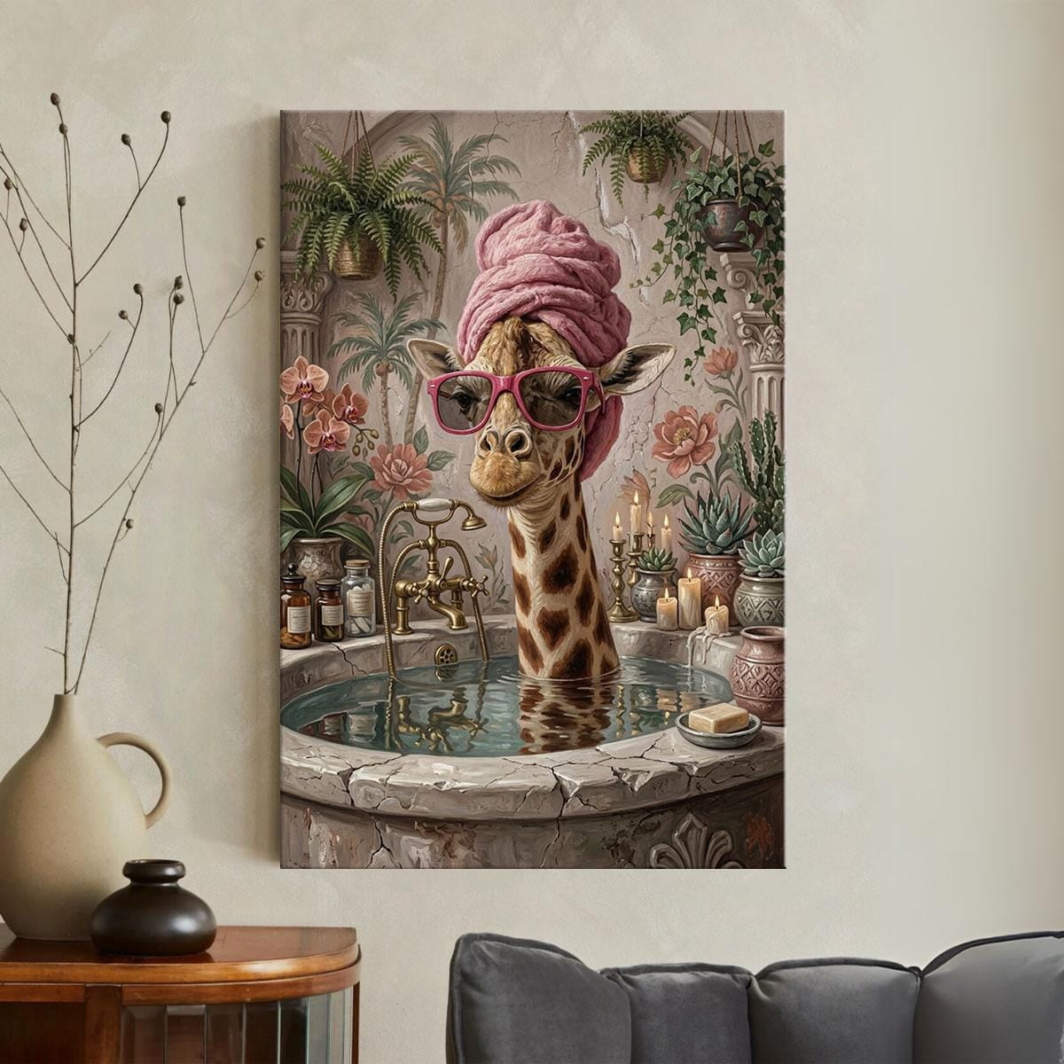 Affixzi Funny Giraffe Wall Art Canvas Print, Pink Bath Decor, Whimsical ...