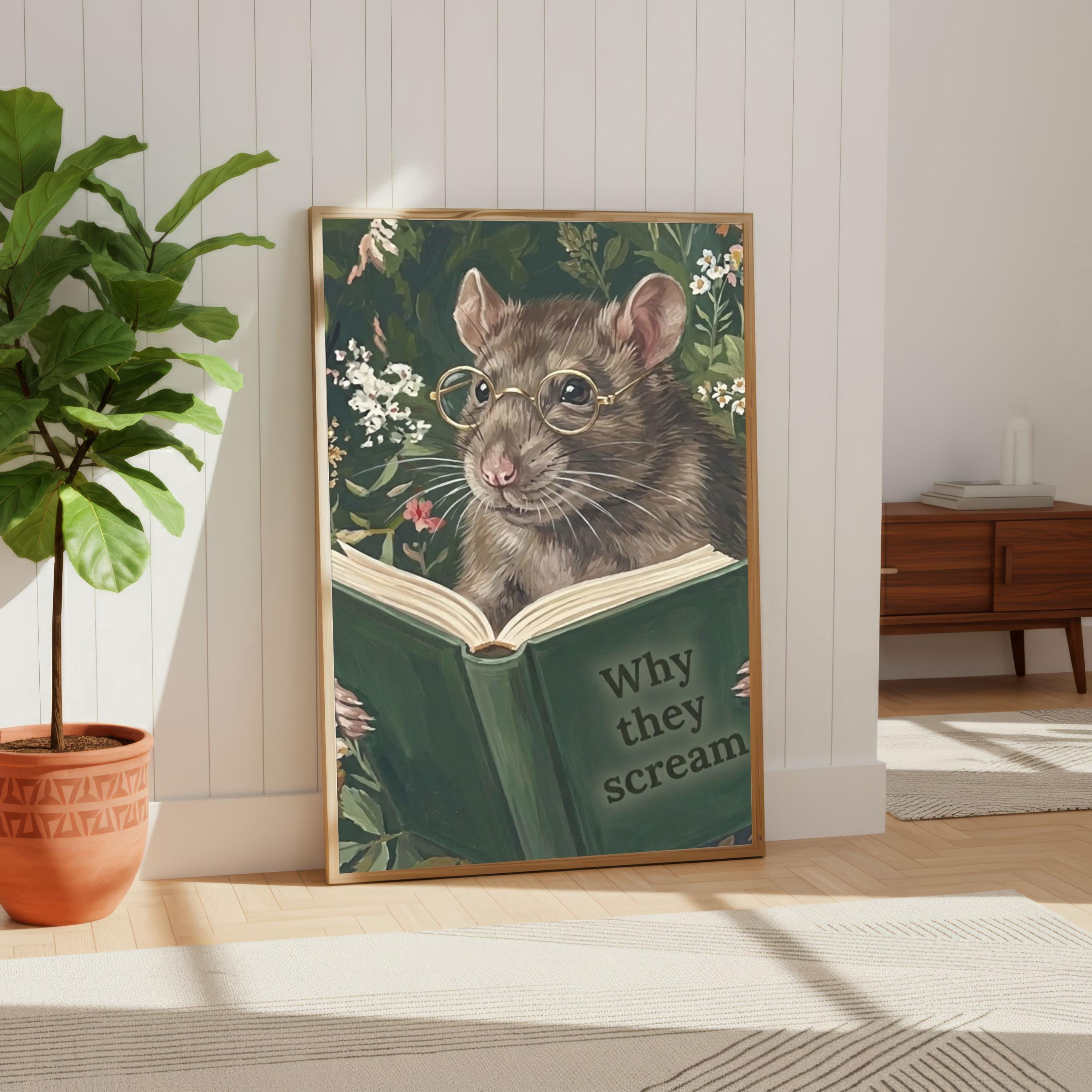 Affixzi Funny Rat Reading Book Art Print, Quirky Animal Wall Decor, Why ...