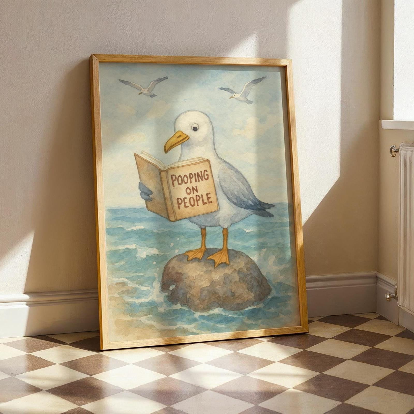 Affixzi Funny Seagull Bathroom Art, Watercolor Animal Print, Humorous ...