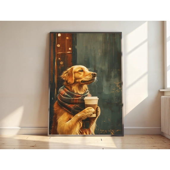 Affixzi Golden Retriever Drinking Coffee Wall Art | Dog Coffee Print ...