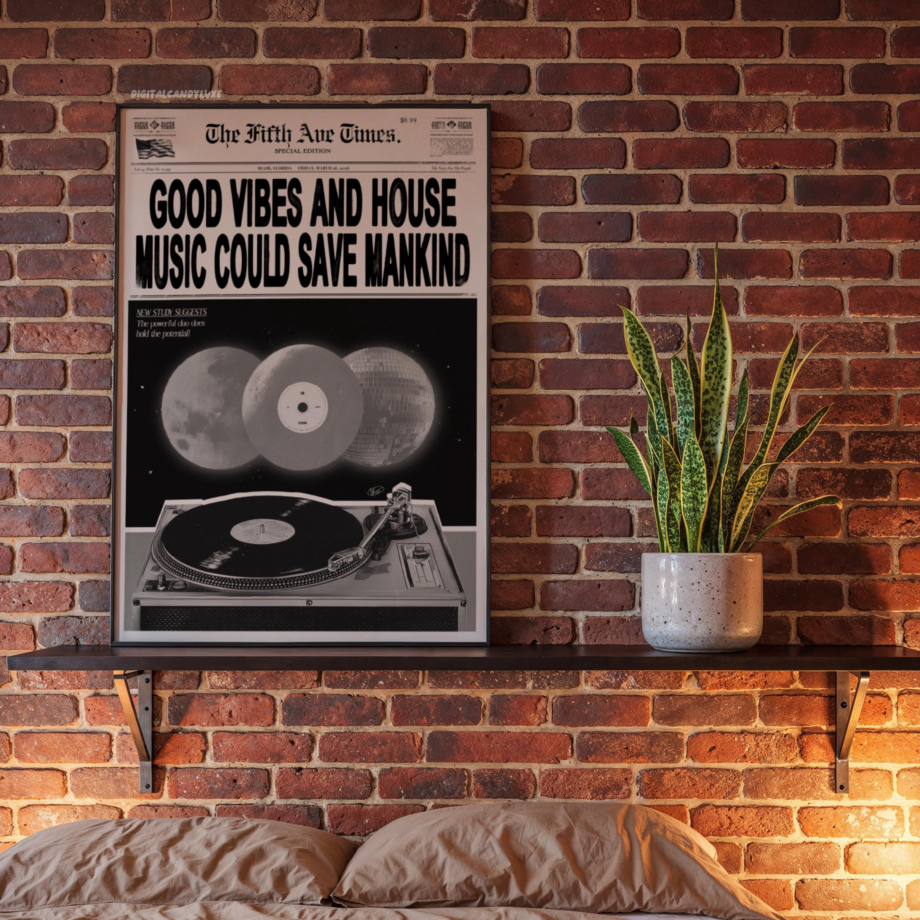 Affixzi Good Vibes House Music Half-Tone Newspaper Print Retro Wall Art ...
