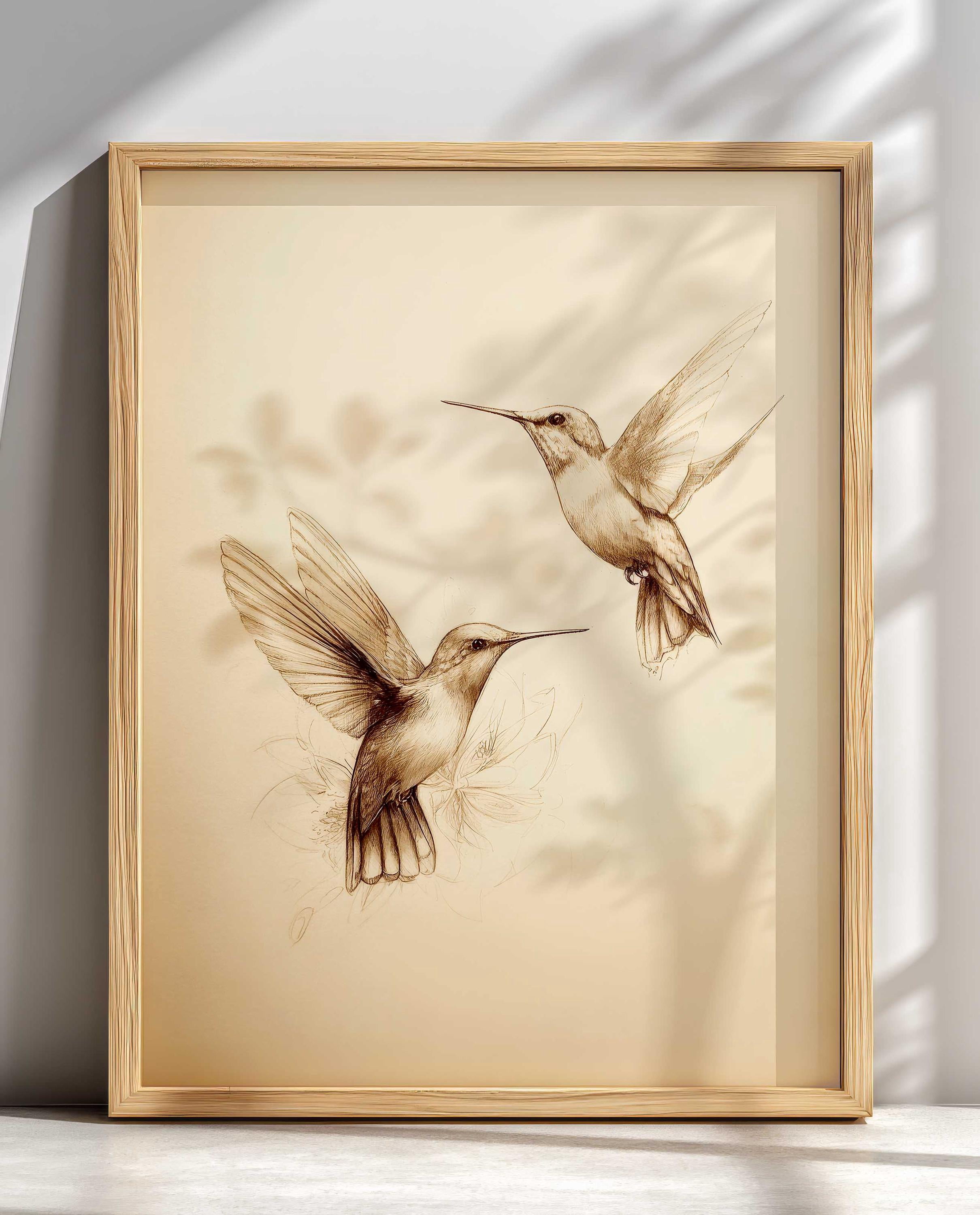 Affixzi Hummingbird Wall Art Print, Vintage Minimalist Duo Sketch for ...