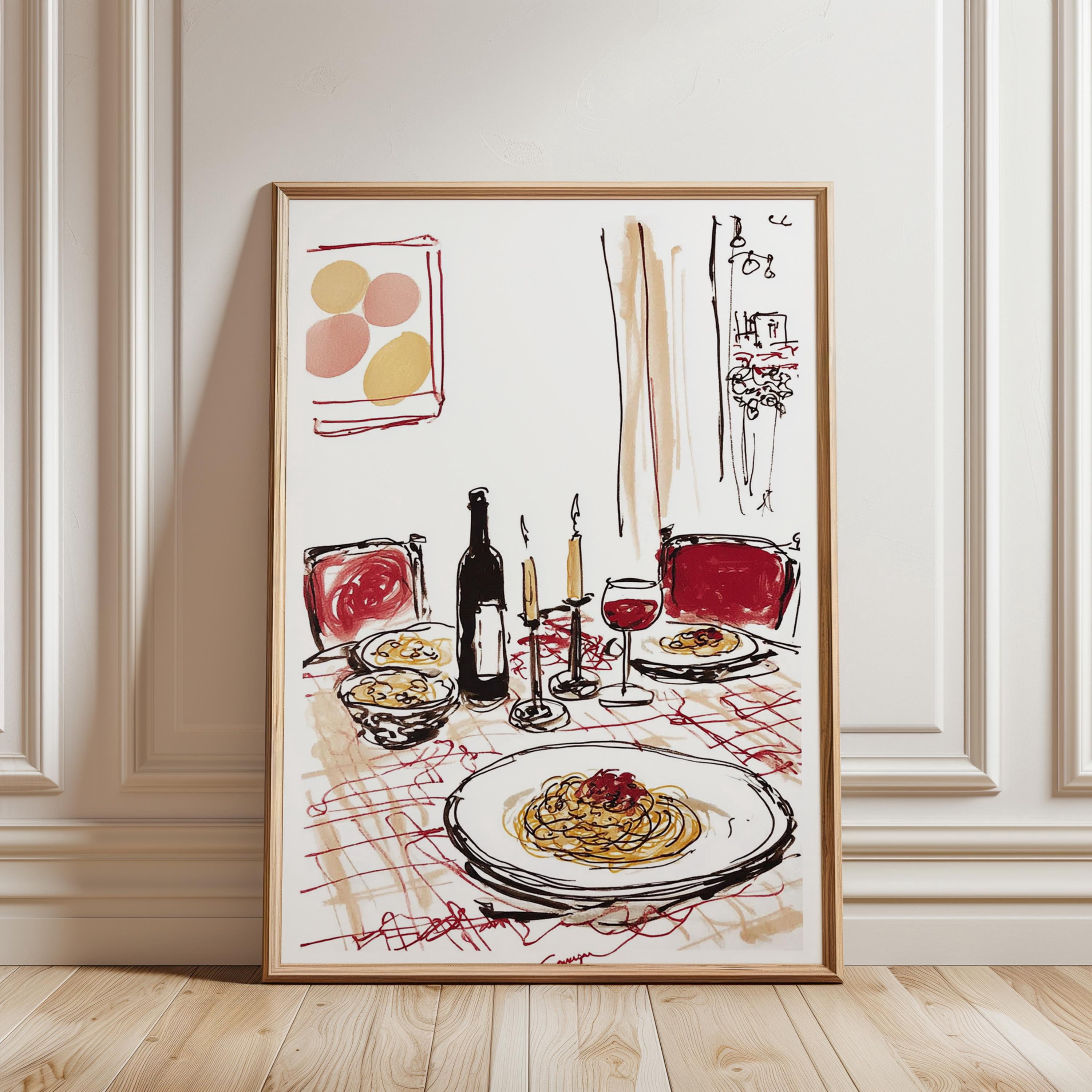 Affixzi Italian Dinner Scene Art Print, Food Illustration Wall Decor ...