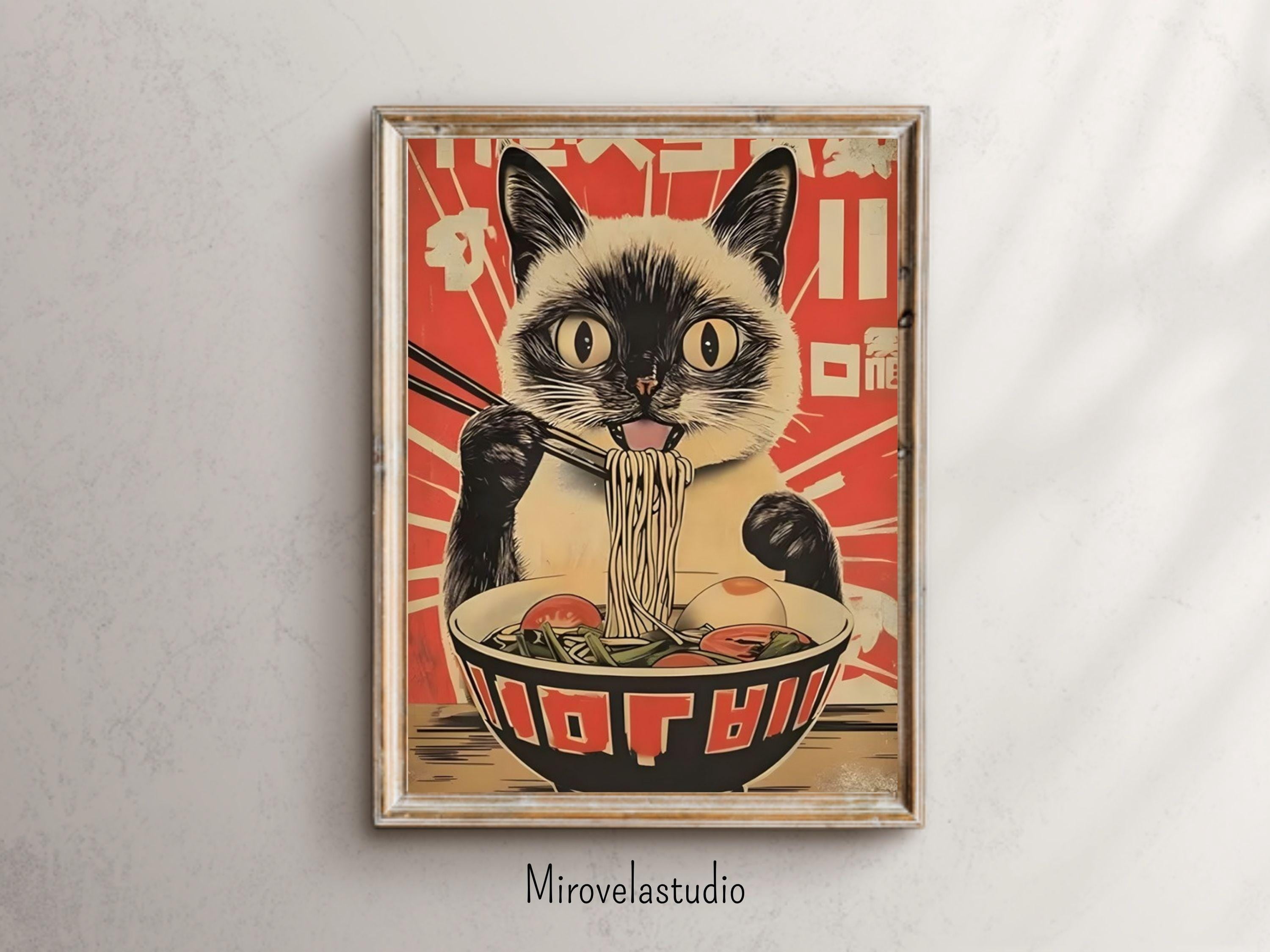 Affixzi Japanese Cat Ramen Vintage Poster Kawaii Retro Asian Wall Art ...